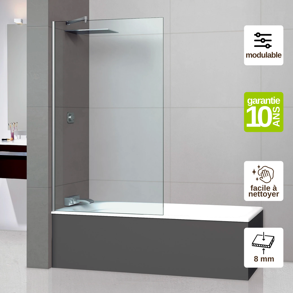 Pare-baignoire Fixe en Verre Trempé 8 mm Transparent Anti-calcaire ...