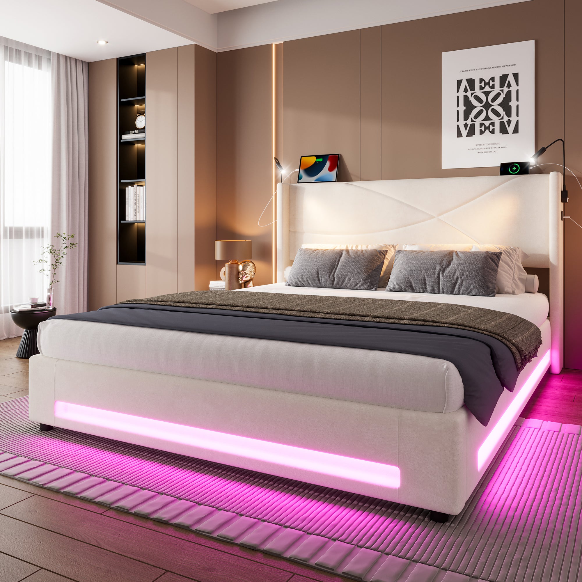 Lit moderne 140x200 cm - Design moderne, 2 lampes de lecture, LED ...