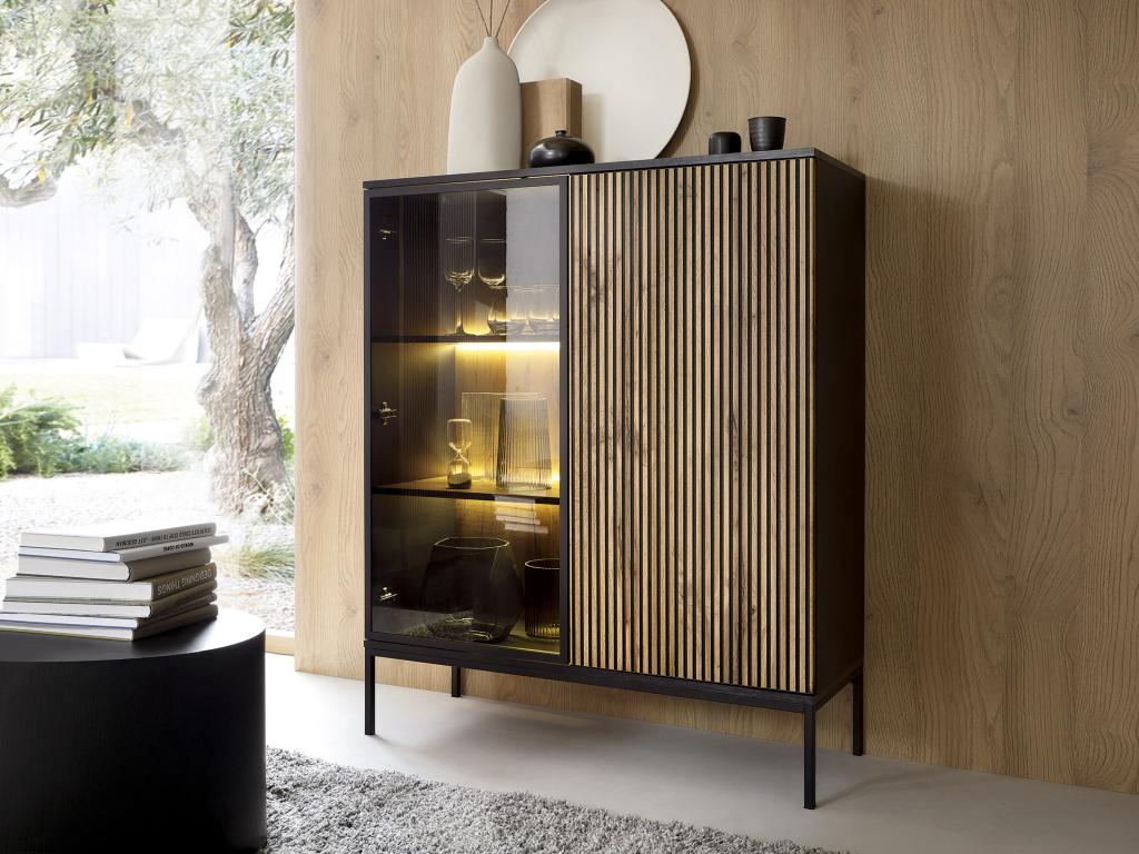 Vitrina de 2 puertas con LED en MDF y vidrio ahumado - Negro y Natural ...
