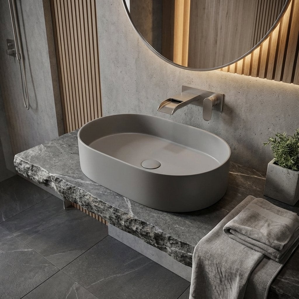 Lavabo ovale en granit gris métallisé 55 cm avec plan - Delia | Leroy ...
