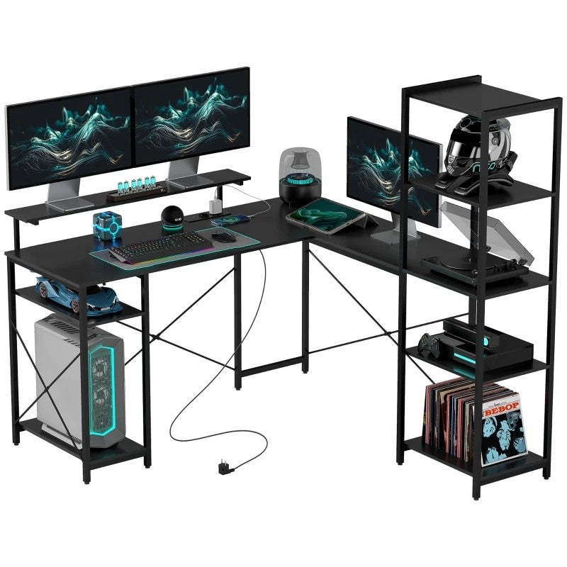 Bureau d'angle L avec 6 étagères, station de charge intégrée, support ...