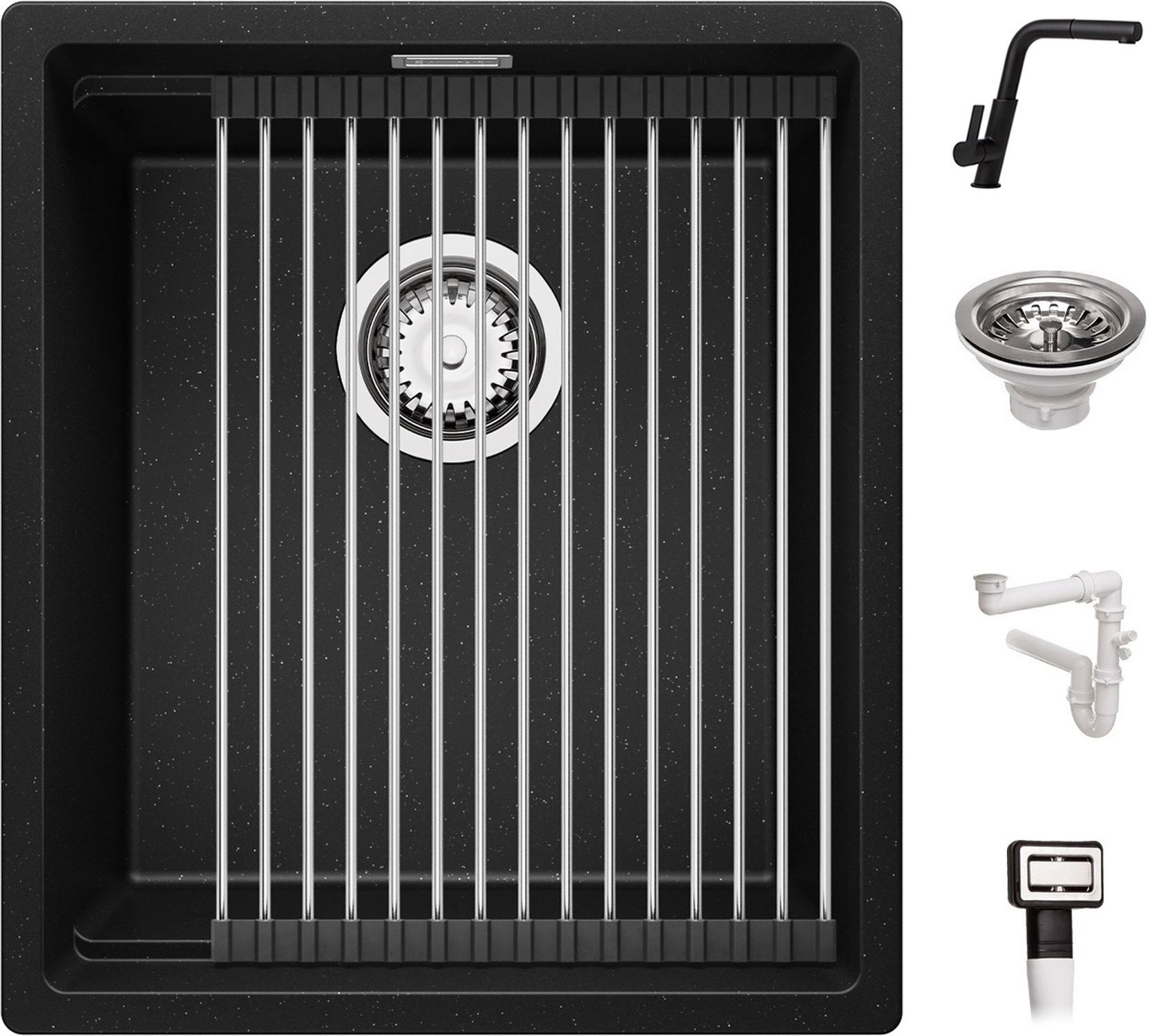 Evier Cuisine en Granit Noir Métallisé 41x47cm, 1 bac + Kit de Vidage ...