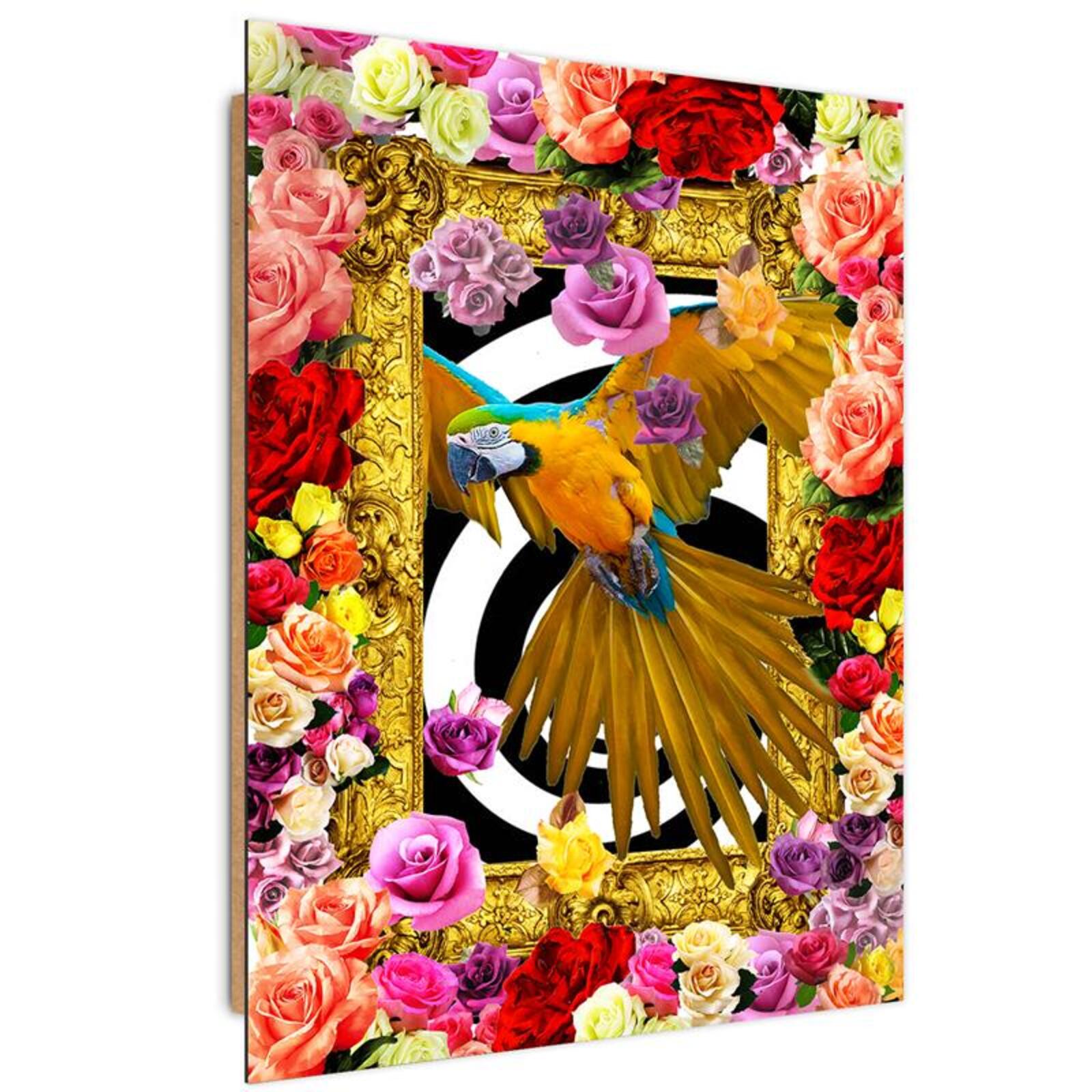 Tableau bois perroquet coloré et roses - 70 x 100 cm | Leroy Merlin