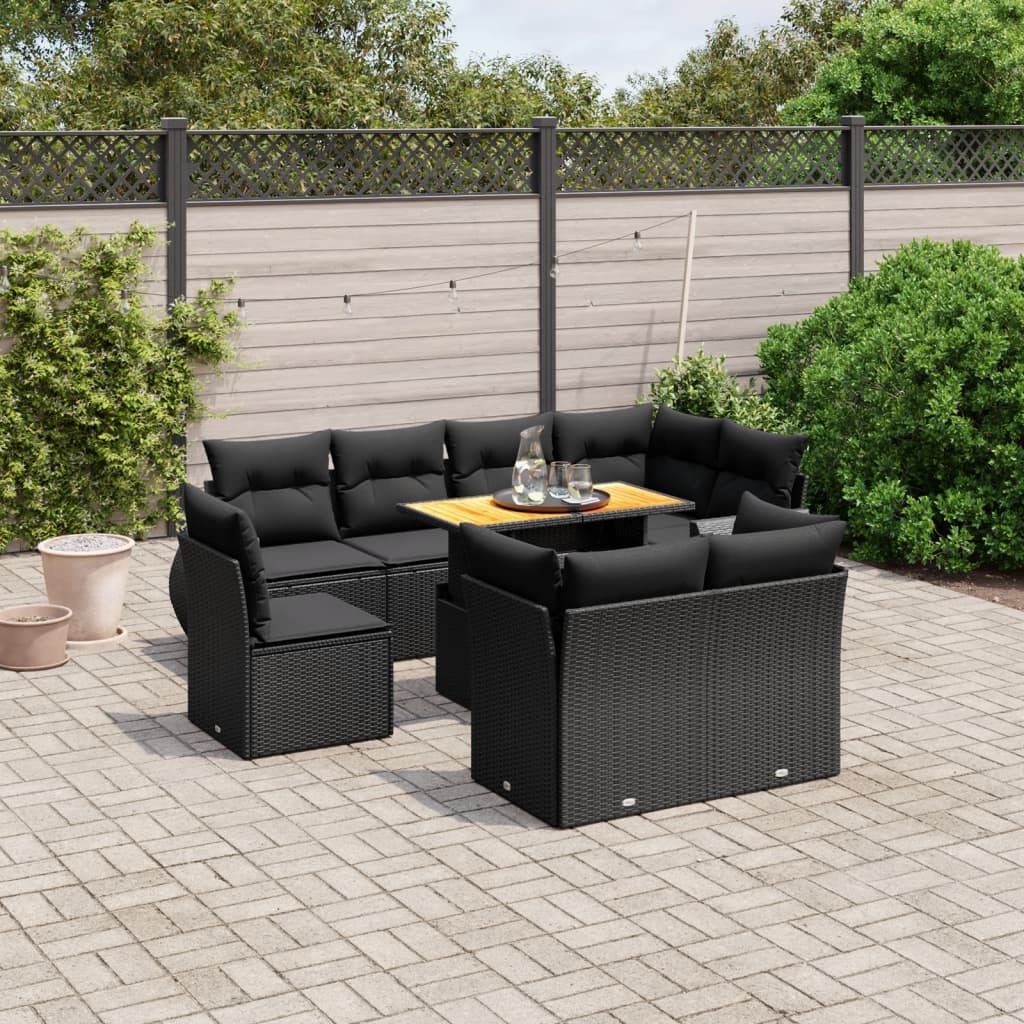 Salon de jardin 9 pcs avec coussins noir résine tressée | Leroy Merlin