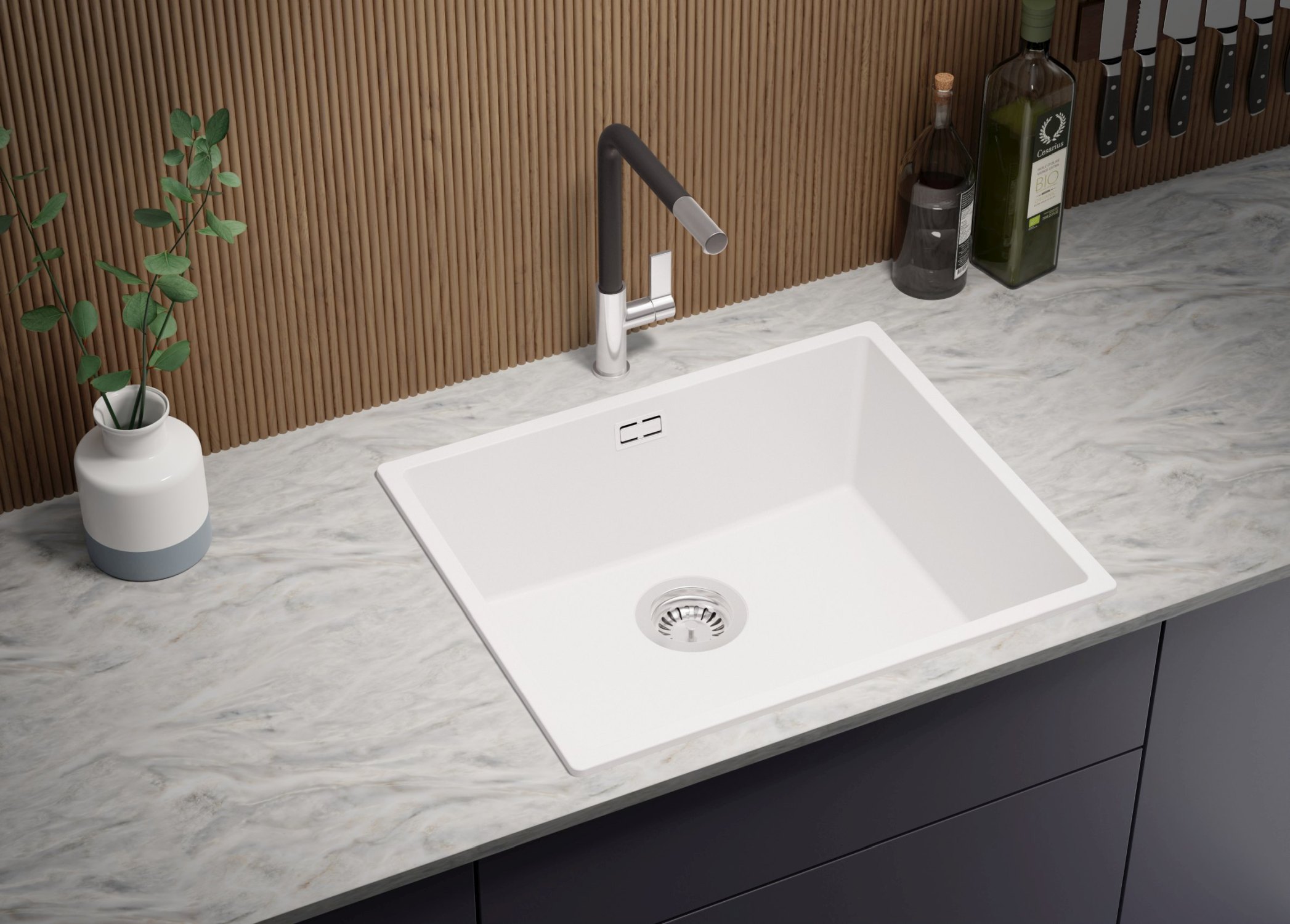 PRIMAGRAN Fregadero Cocina Blanco 56x47cm, Fregadero Granito 1 Seno + Sifón, Fregadero sobre ...