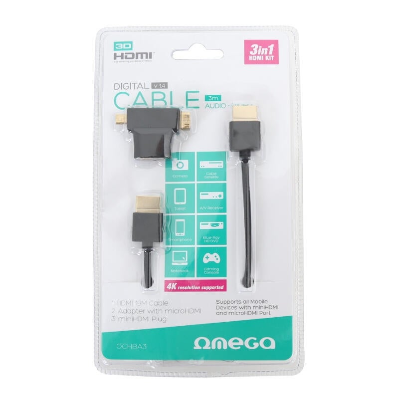 Omega cable hdmi v1.4 + adaptador minihdmi & microhdmi 3m blister ...