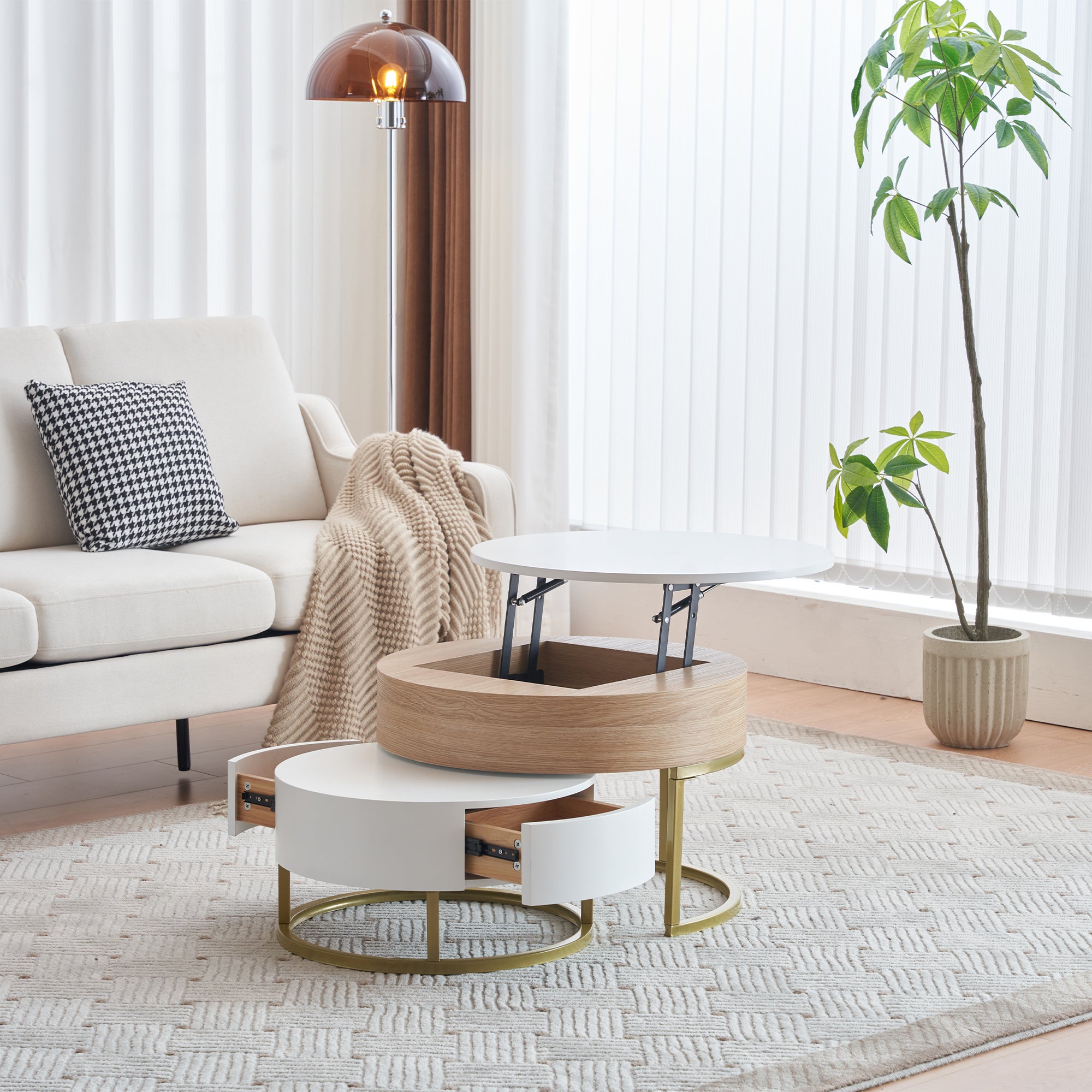 Lot de 2 tables basses gigognes avec plateau relevable et 2 tiroirs ...