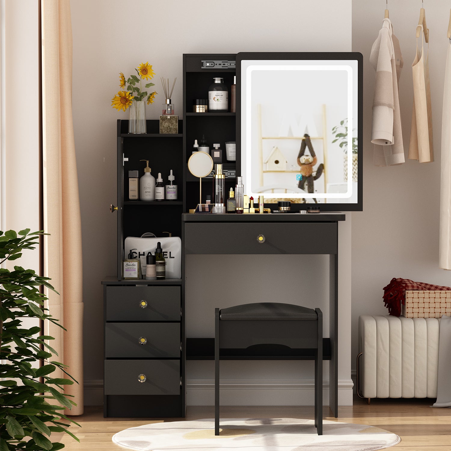 Coiffeuse avec LED et miroir coulissant éclairage tricolore 4 tiroirs ...