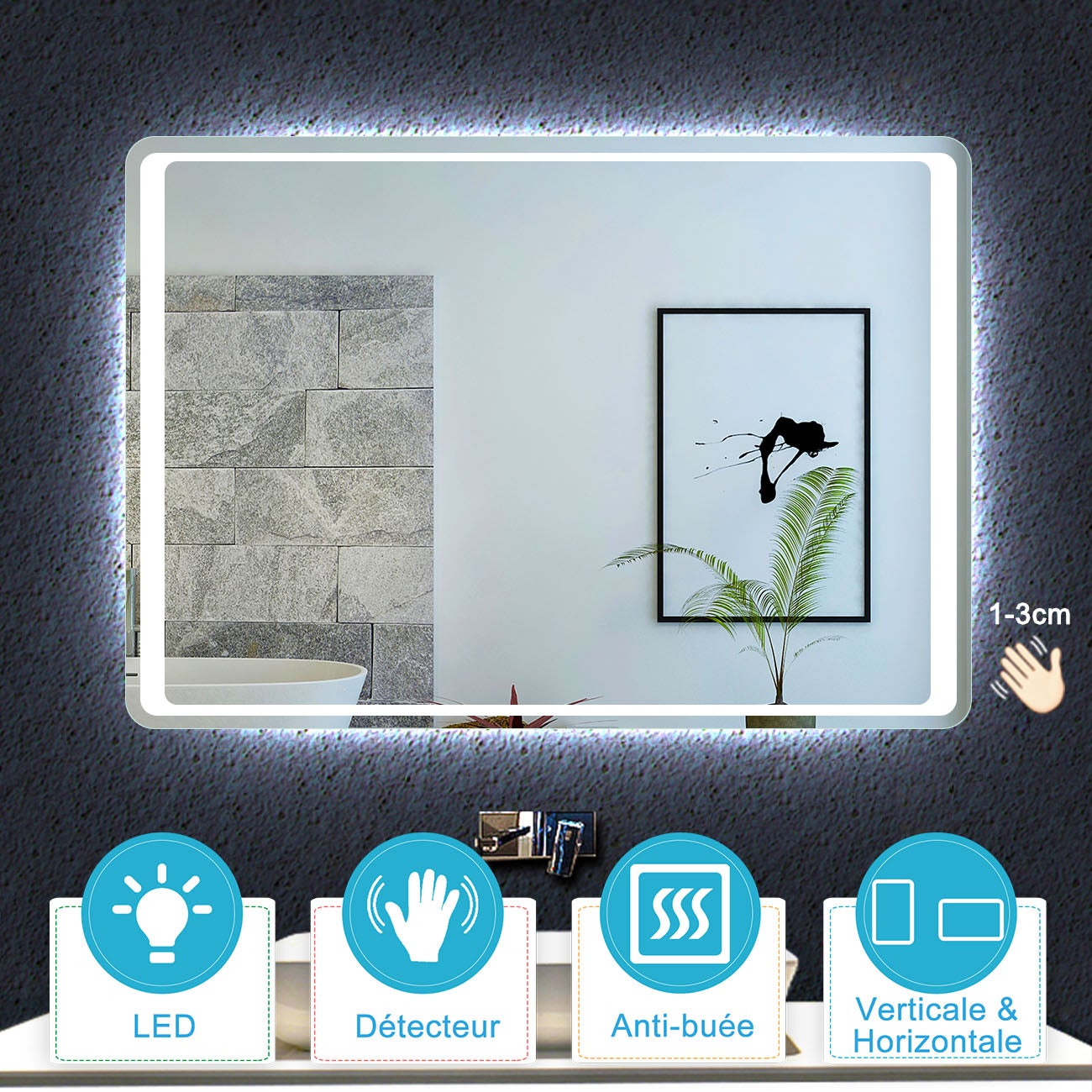 OCEAN Miroir LED 80x60cm anti-buée avec interrupteur infrarouge, miroir ...
