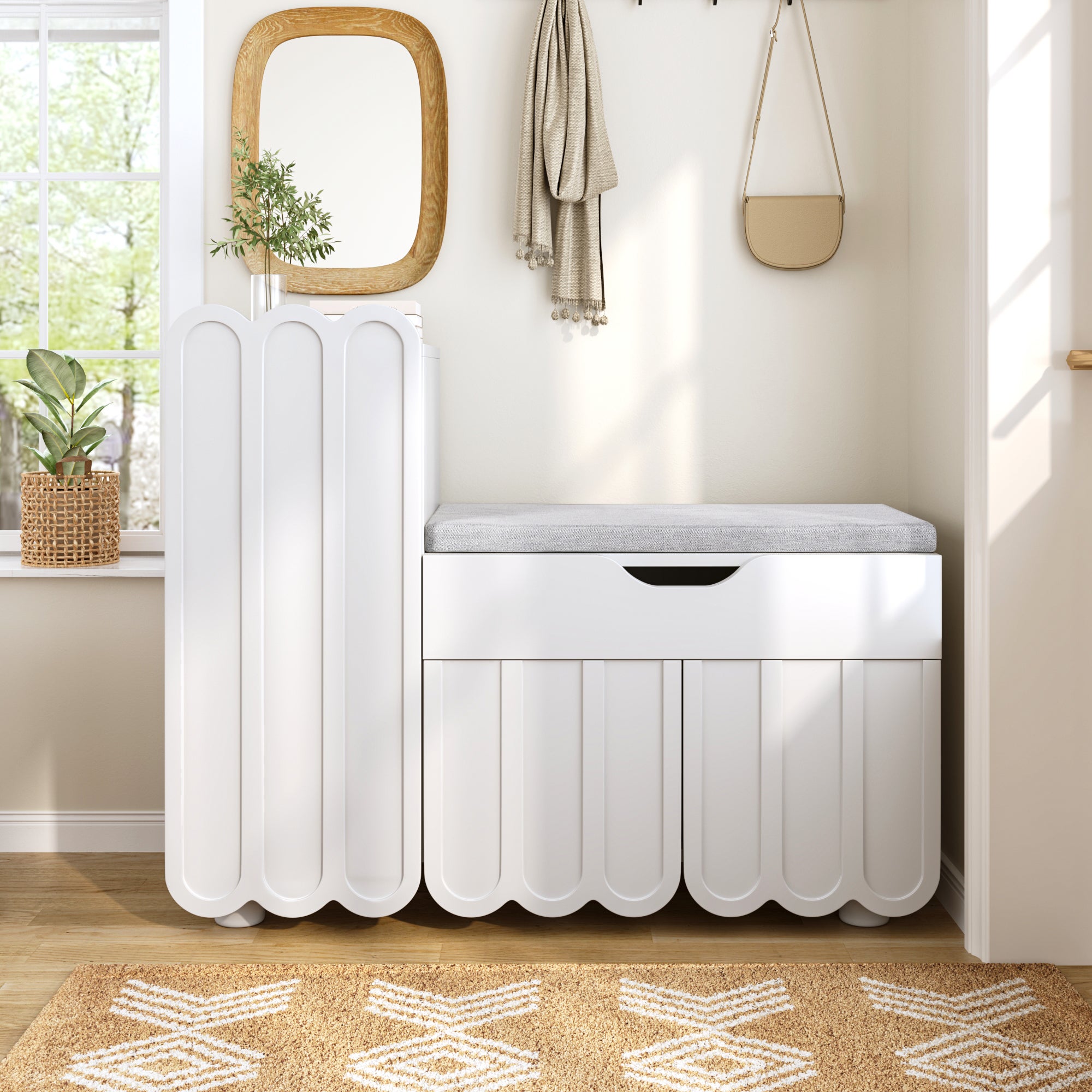 Szafka na buty z 3 drzwiami i ławką na buty z poduszką - 90 x 35 x 74,5 cm - drewno MDF - biały ...