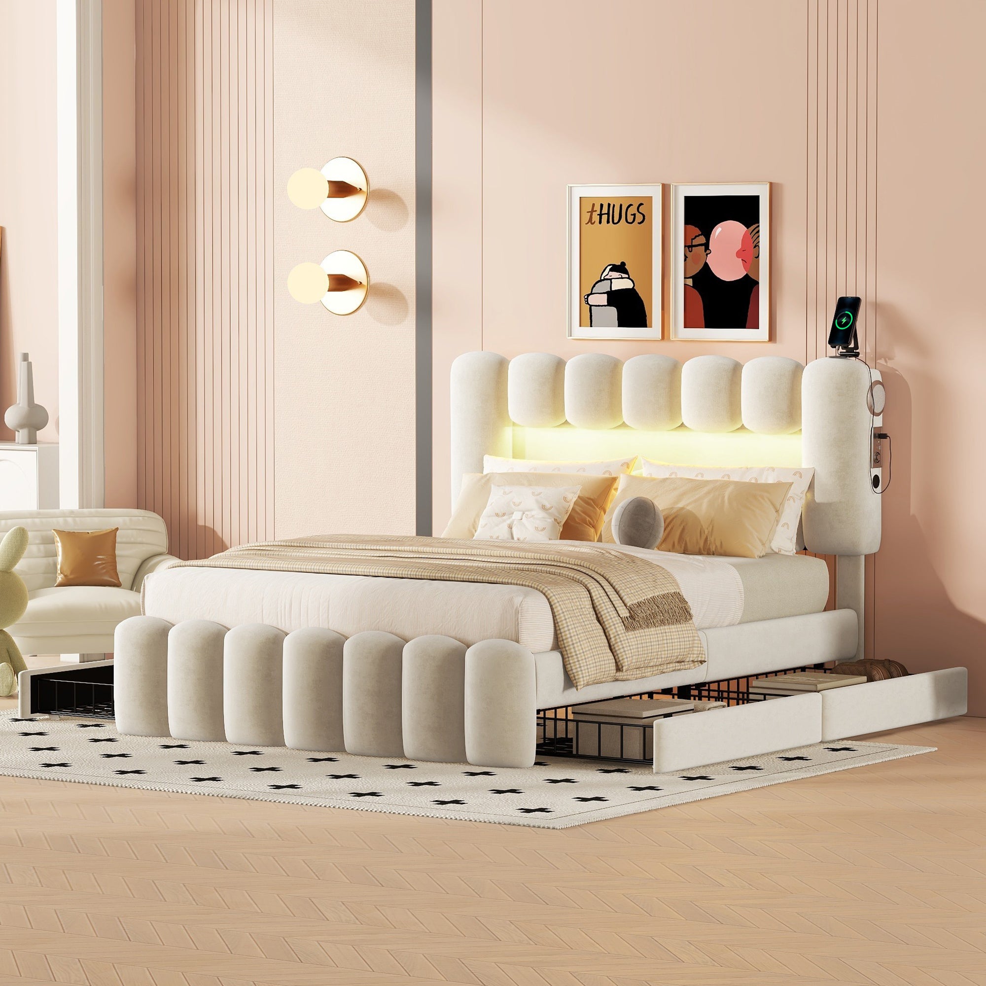 Cama tapizada en terciopelo - 140x200cm - 4 cajones + LED + Puertos de ...