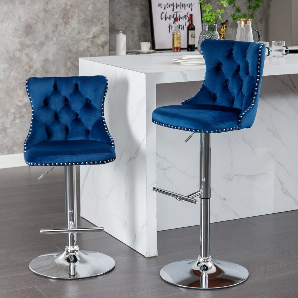 Tabourets de bar pivotants en velours bleu, hauteur réglable 64-84cm ...