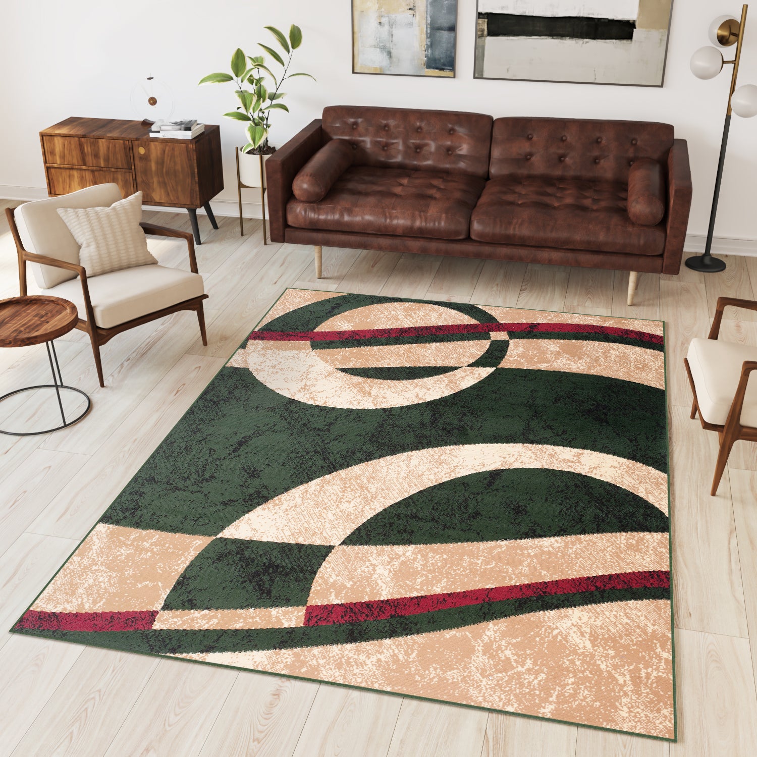TAPISO Dream Tapis Salon Chambre Vert Beige Rouge Abstrait Cercles ...