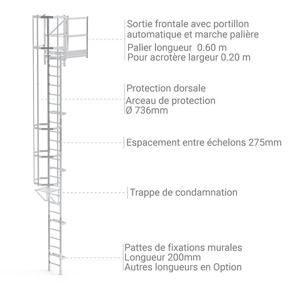 Echelle à crinoline avec palier de sortie frontale 0,6m et trappe de ...