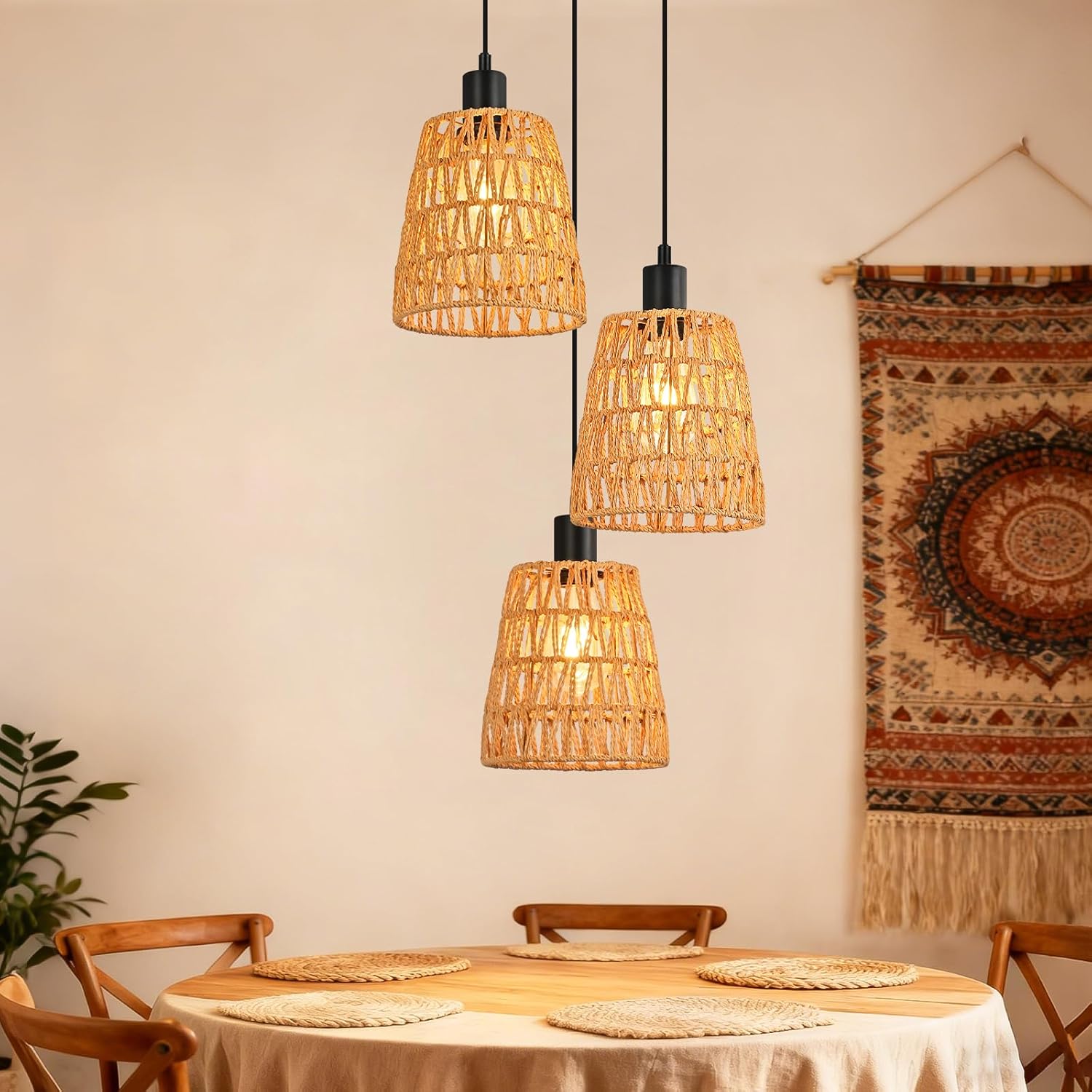 Nettlife Suspension Rotin Boho 3 Lampes - Lustre Vintage Tressé Corde ...