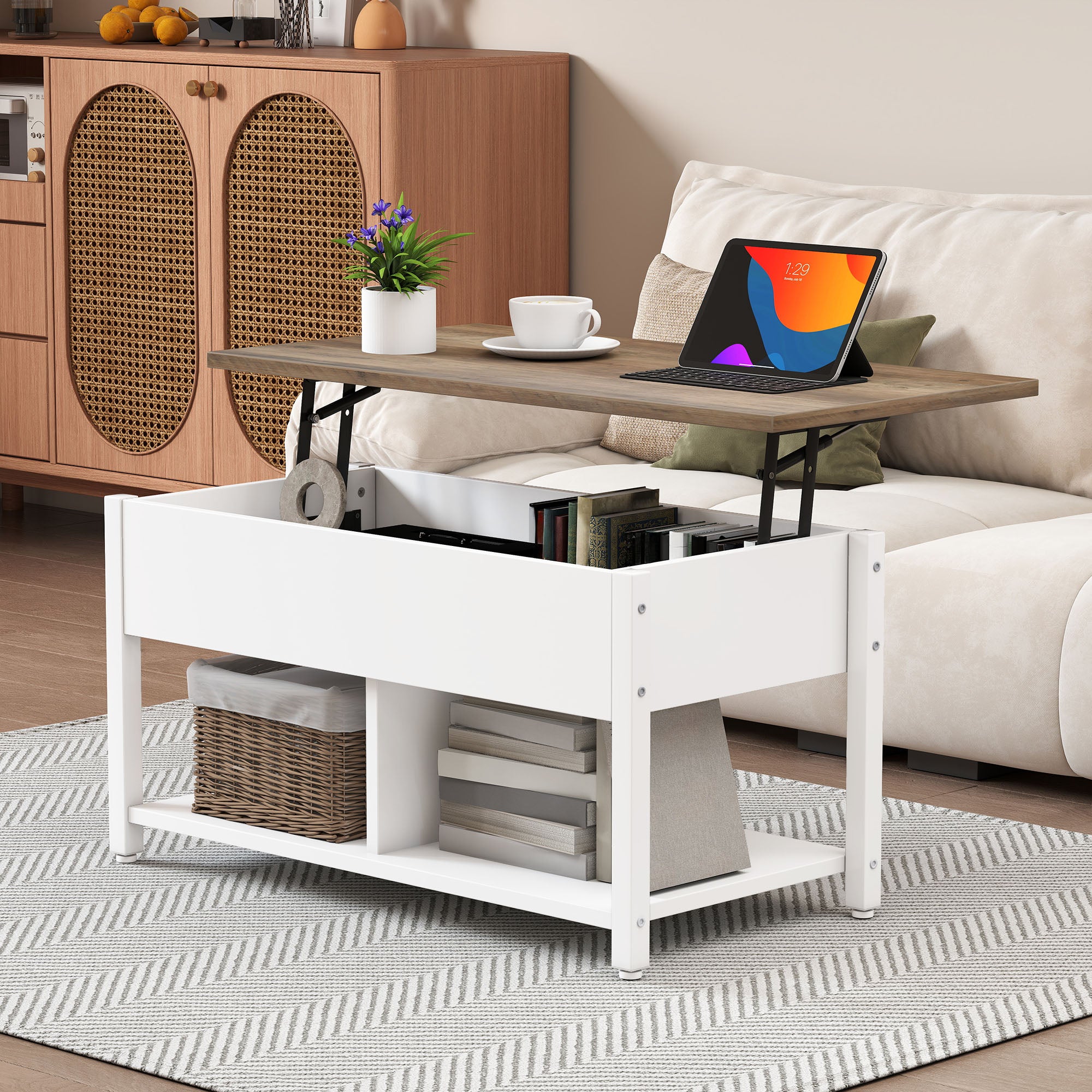 Mesa de centro Balconera elevable - 90×47,8×46~59,2 cm - Blanco y gris ...