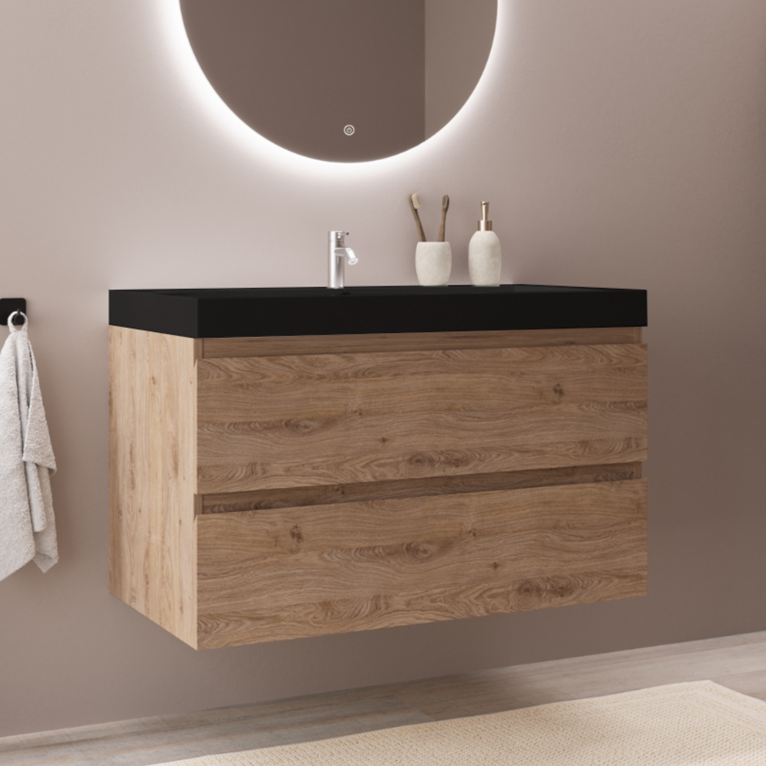 Mueble de baño suspendido con lavabo 80 cm roble claro con 2 cajones - LOMAZOO Monaco | Leroy Merlin
