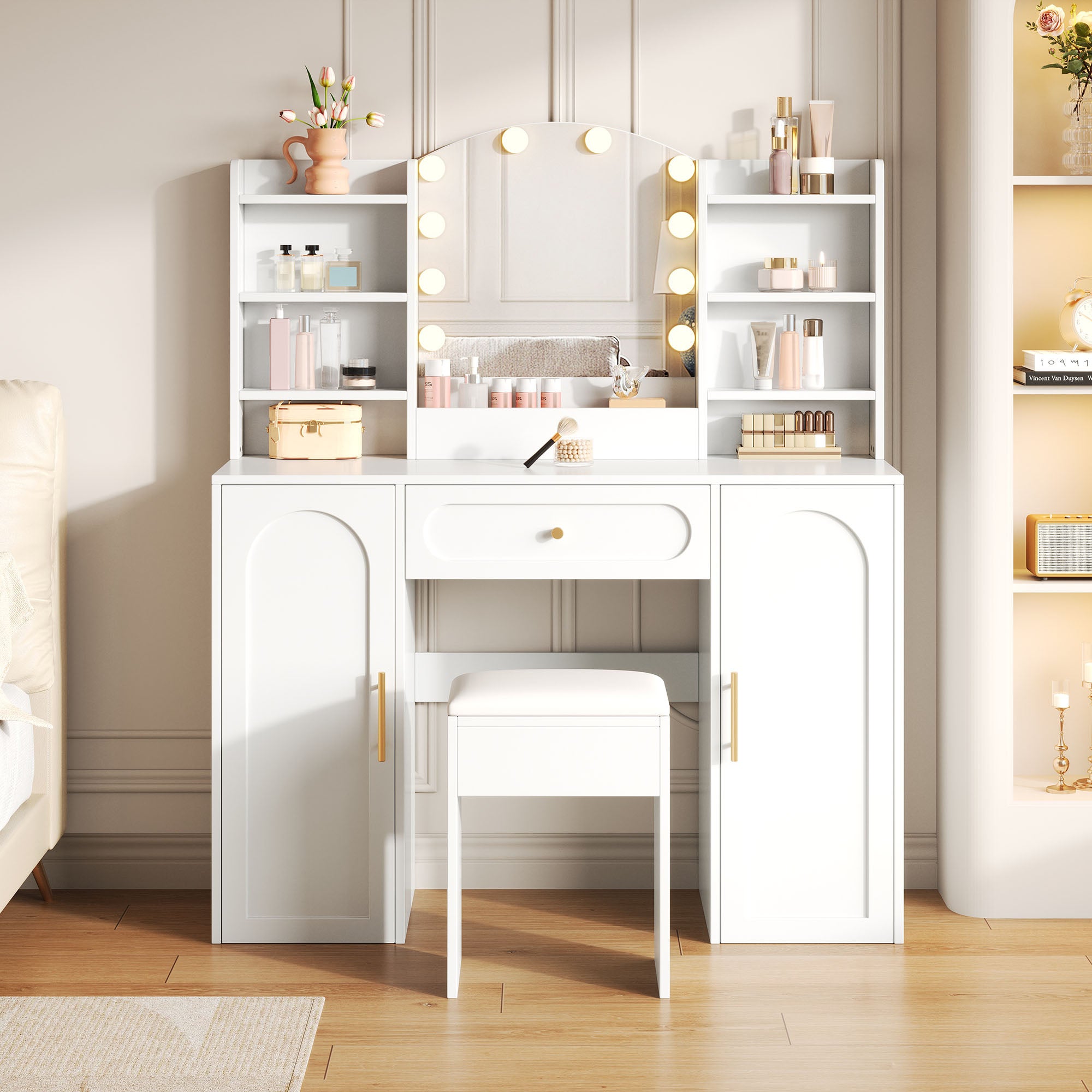 Coiffeuse avec miroir LED en MDF Blanc H. 132 x l. 110 x P. 40 cm ...