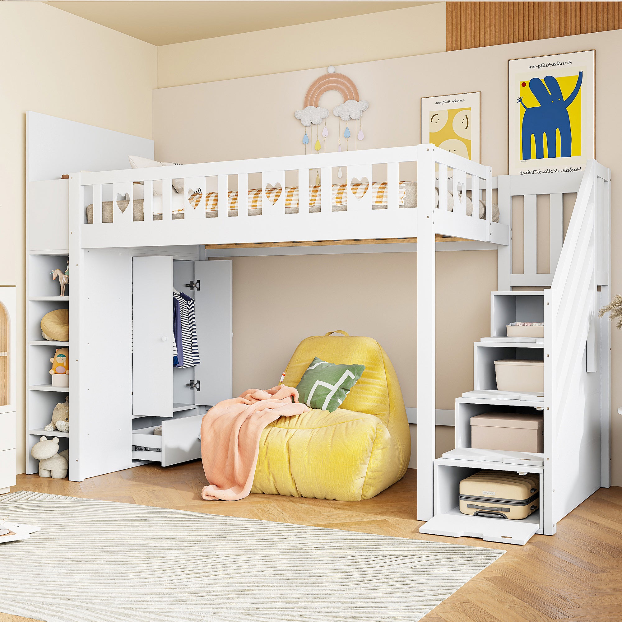 Lit mezzanine 90 x 200 cm avec armoire, étagères de rangement et ...