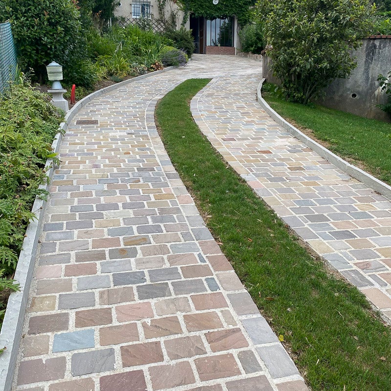 Pavé pierre naturelle Grès Kandla Multicolore 14x14cm Ep. 3 à 5 cm ...