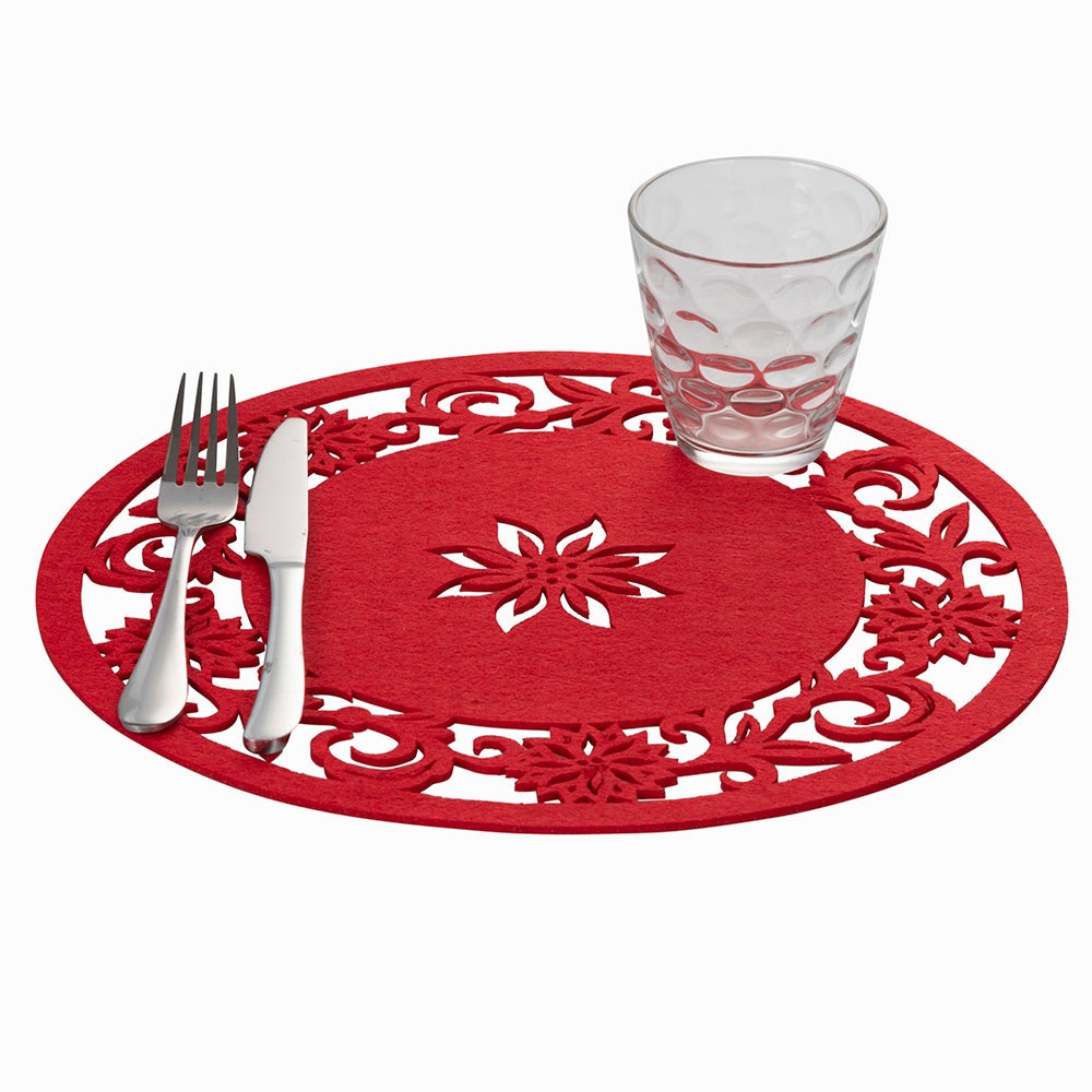 Mantel individual redondo 33 cm fieltro rojo con decoración de flores ...