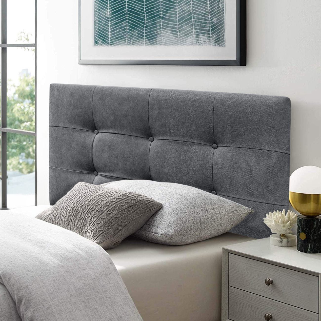 Cabecero Cama TEXAS BUTTON DELUXE Cabezal Tapizado en tejido Antimanchas Gris Marengo 120*70 CM ...