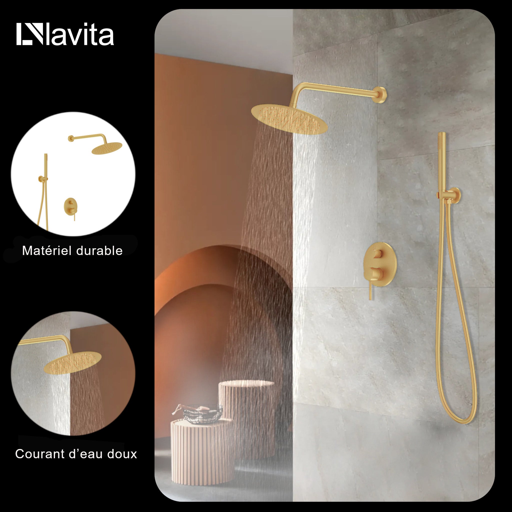 Lavita ORION BRUSHED GOLD Ensemble de douche à encastrer avec douche à ...