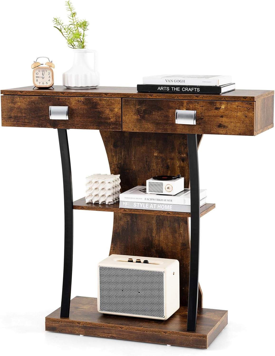 Table Console 2 Tiroirs, Console d'Entrée en Forme de T, Étagère à 2 Niveaux, 2 Kits Anti ...