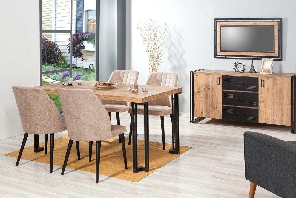 Salle à manger RIO bois et métal noir avec 2 chaises crème | Leroy Merlin