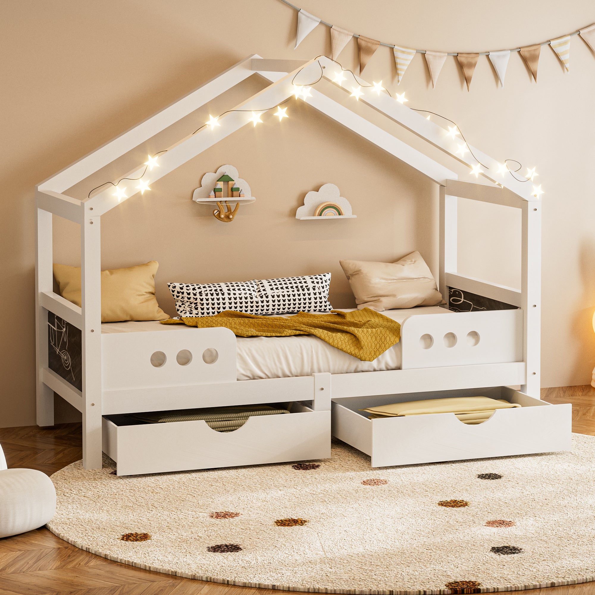 Lit enfant design toit - 2 tiroirs - Matelas 90x200 cm - Bois+MDF - 120 ...