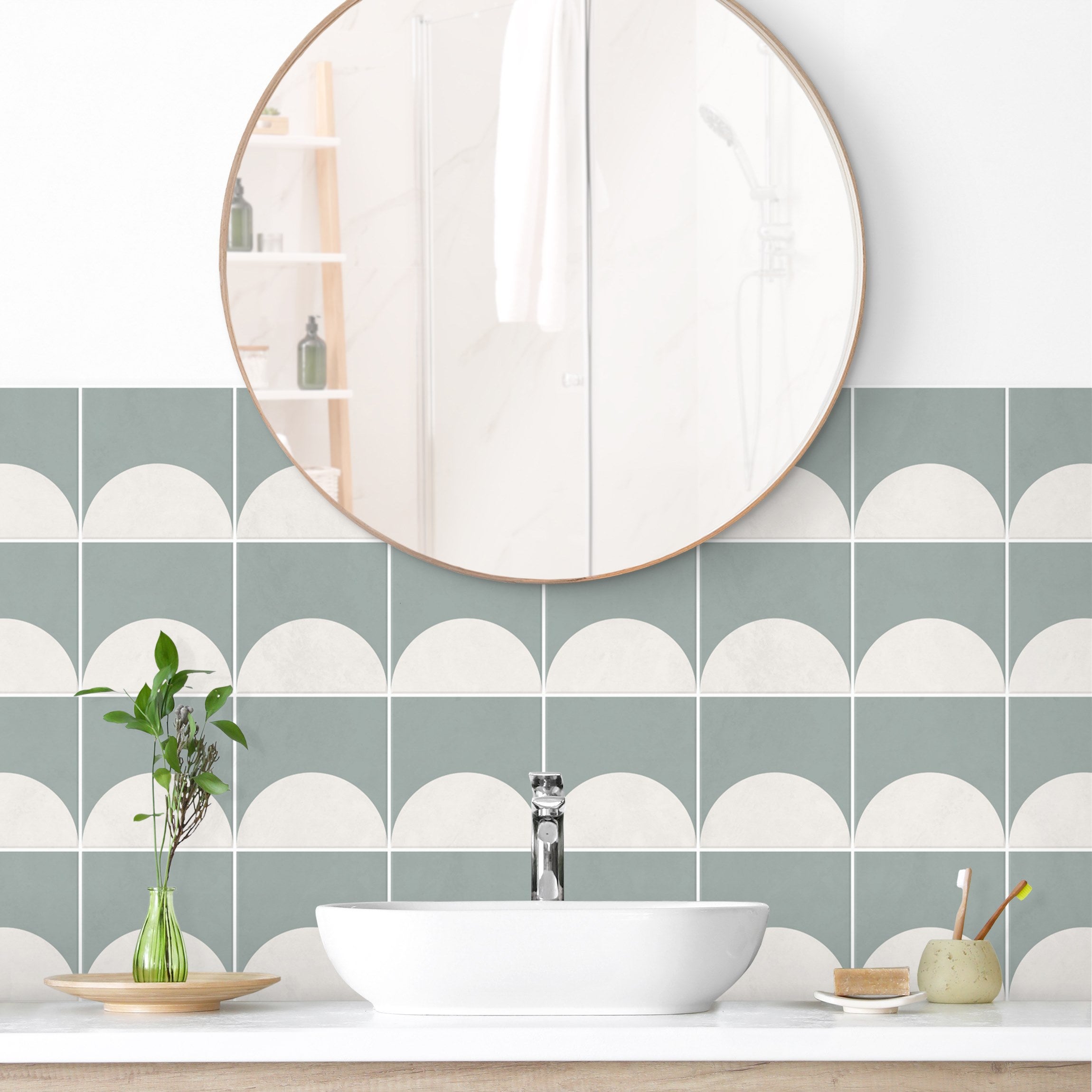 Revestimiento de pared para baño - Tiles with Half Circles Eucalyptus ...
