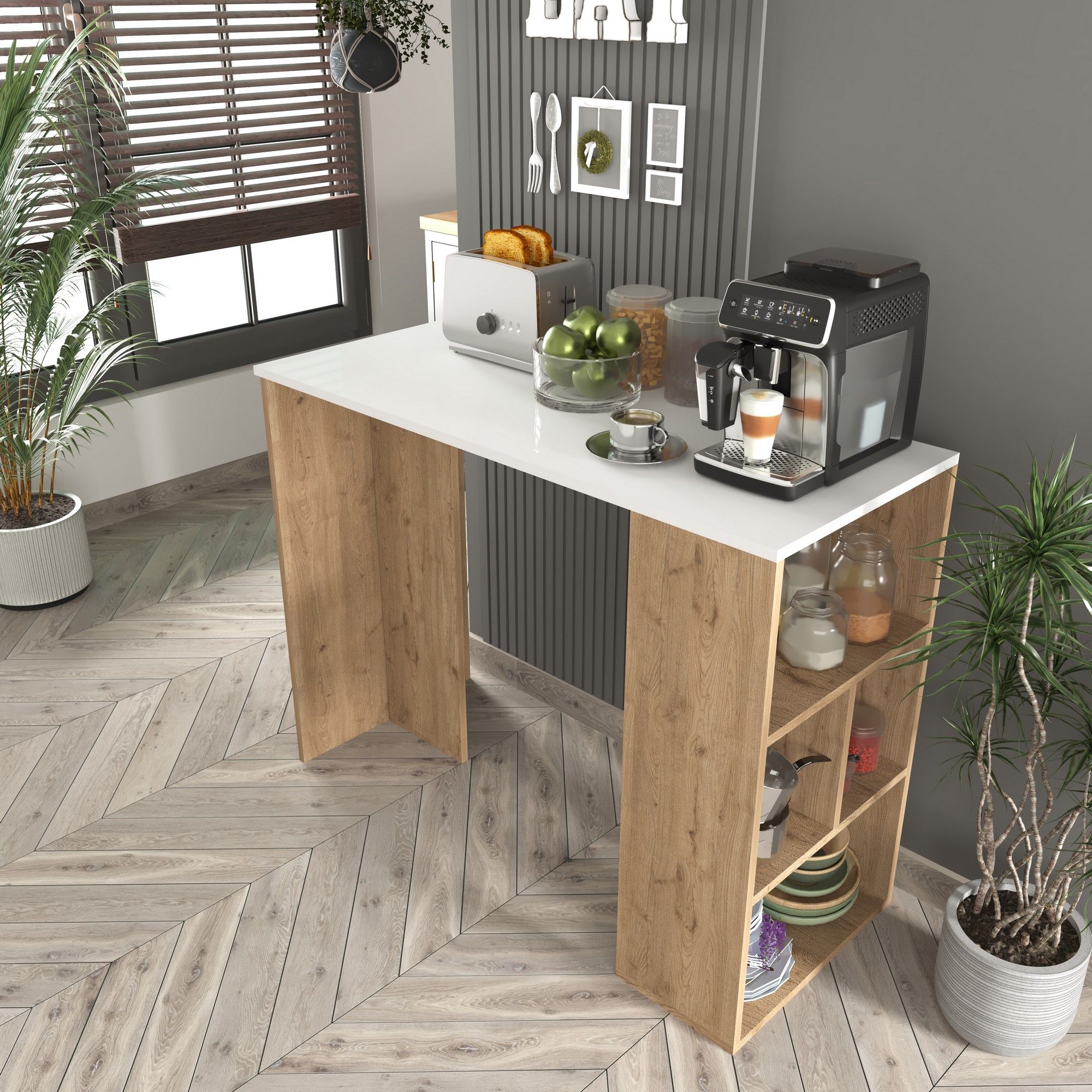 Table de bar avec rangement Pany L120cm Chene clair et Blanc | Leroy Merlin