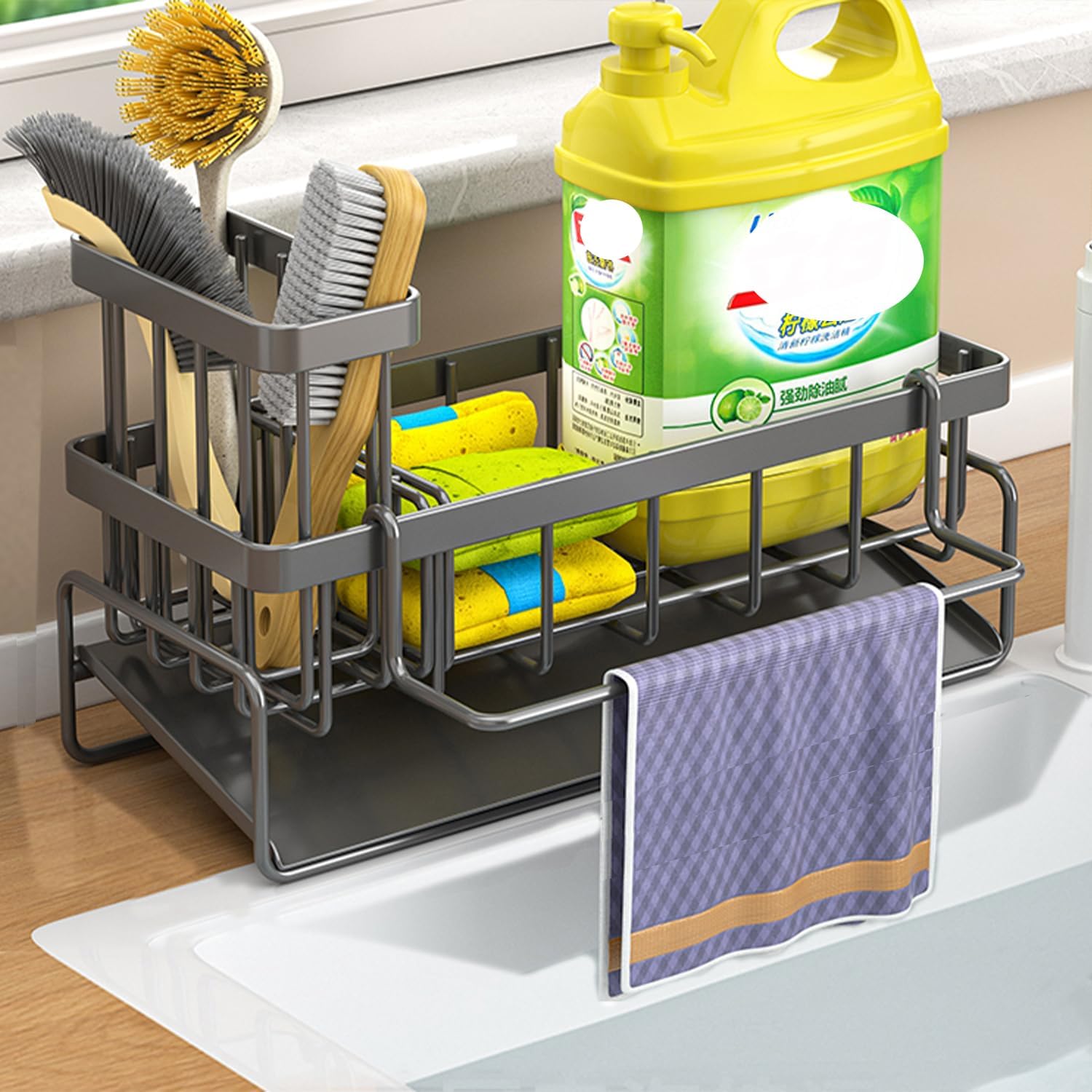 Organiseur d'évier de cuisine avec plateau auto-drainant, porte-éponge ...