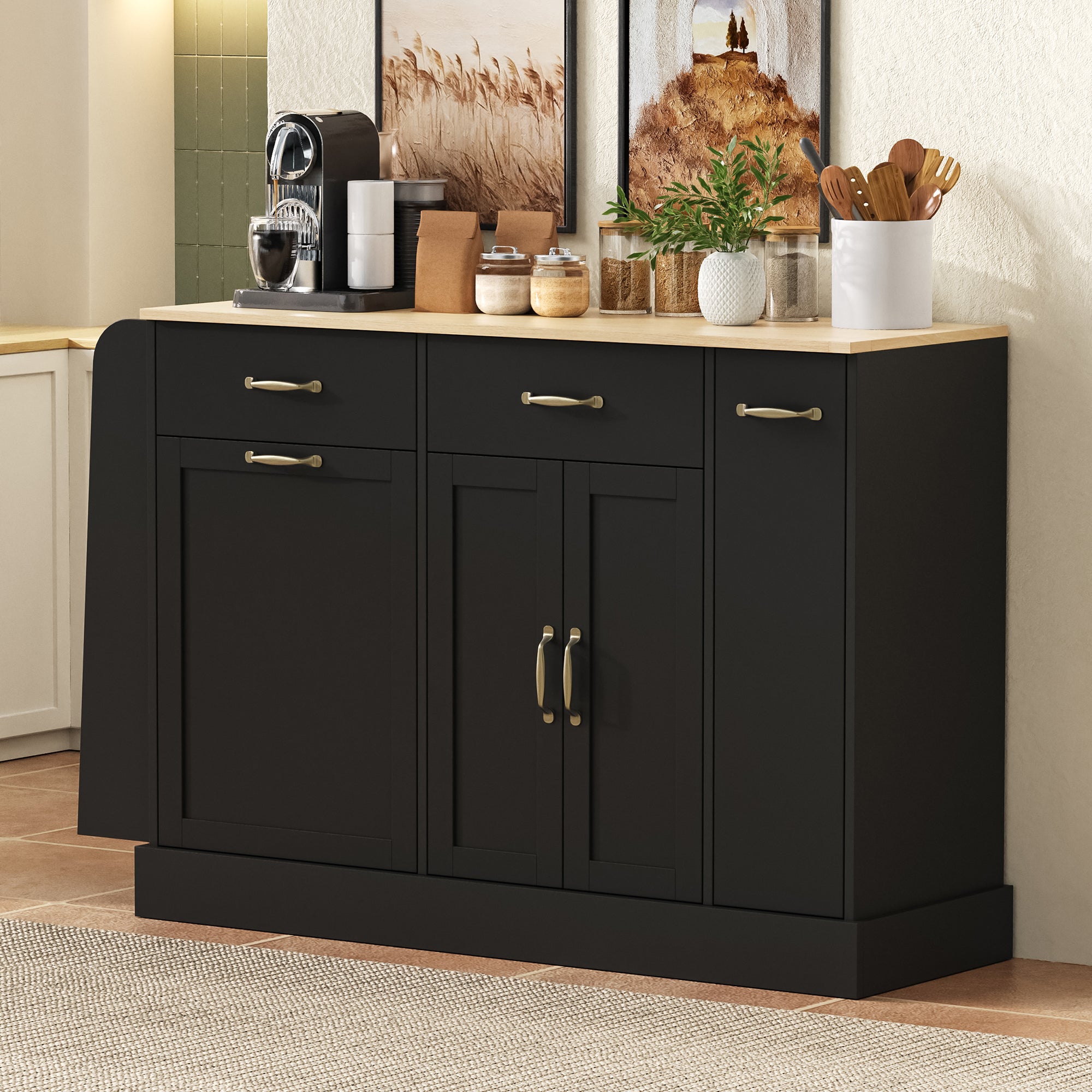 Buffet moderne noir, compartiment poubelle, étagère extérieure, cuisine ...