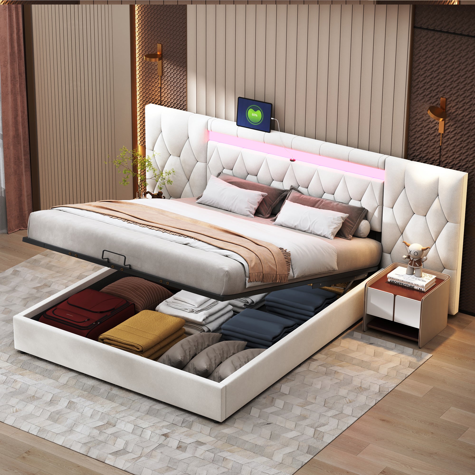 Cama contenedor 180 x 200 cm con cabecero grande - tapizado en ...