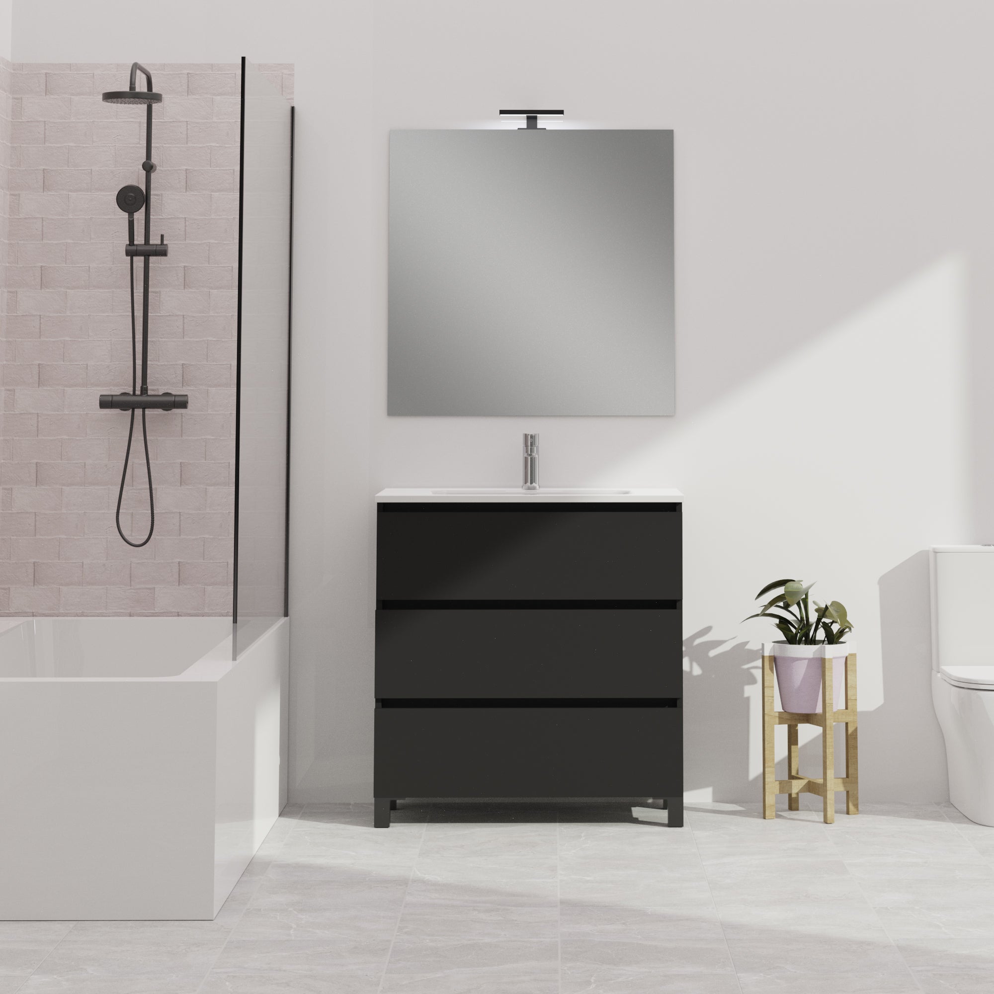 CONJUNTO DE BAÑO WINK | 80 CM NEGRO MATE | TRES CAJONES | LAVABO ENCASTRADO | NO INCLUYE ESPEJO ...