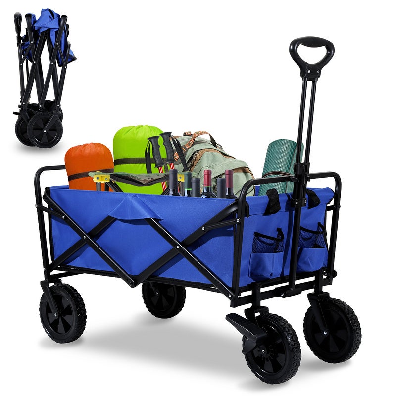 Chariot de jardin pliable 4 roues Chariot de transport à main bleu ...