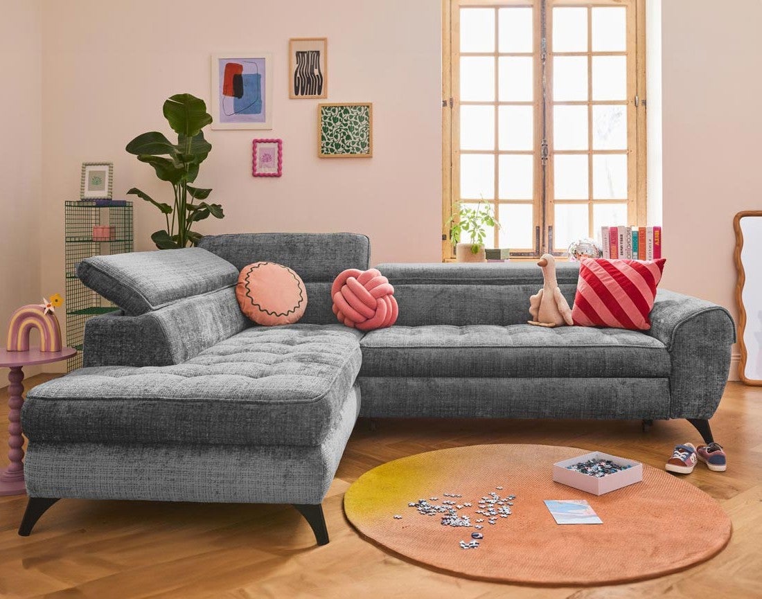 Canapé d'angle gauche convertible 5 places en velours texturé gris - MARLO - Best Mobilier ...