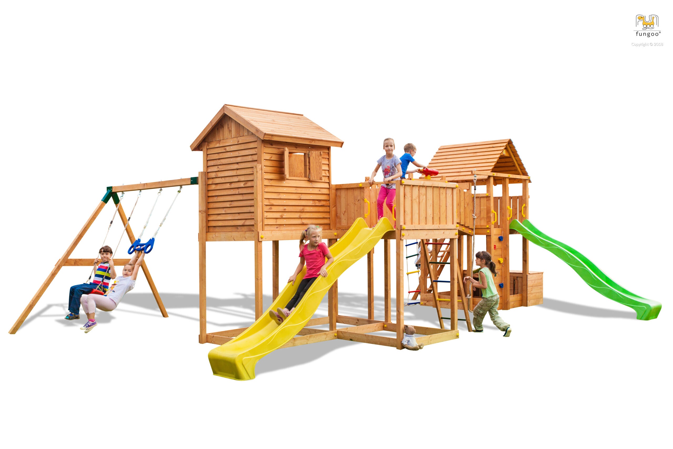 Aire de jeu FUNGOO MAXI SET PLAY BOX avec pont et balançoire double ...