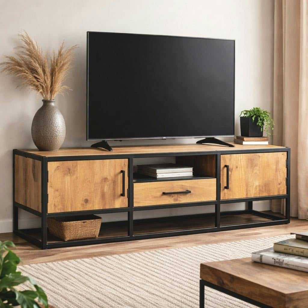 Meuble TV en bois clair 2 portes 1 tiroir 180 cm RIVANO | Leroy Merlin