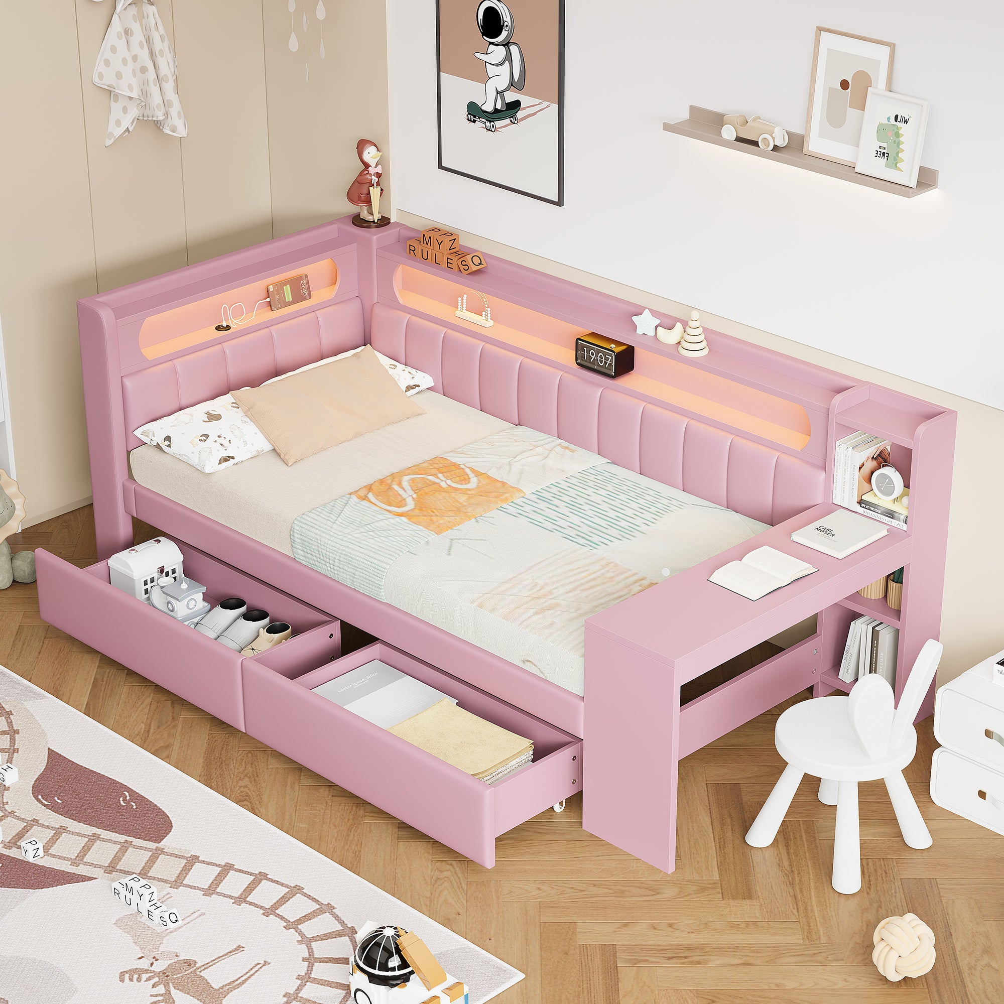 Lit simple 90x200 cm avec USB et éclairage LED bureau intégré MDF et ...