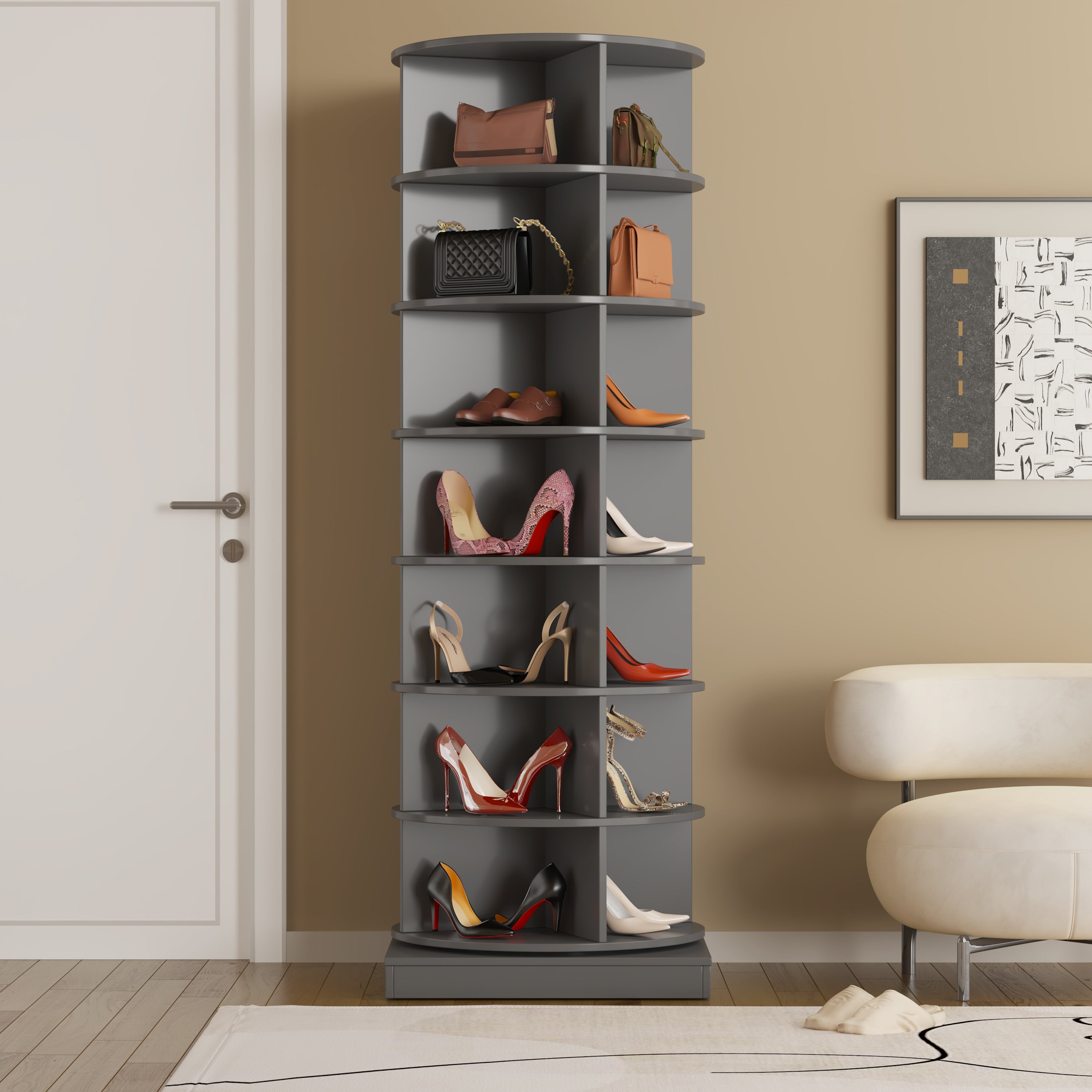 Zapatero giratorio 360 grados con 7 estantes - MDF y aglomerado - Gris ...