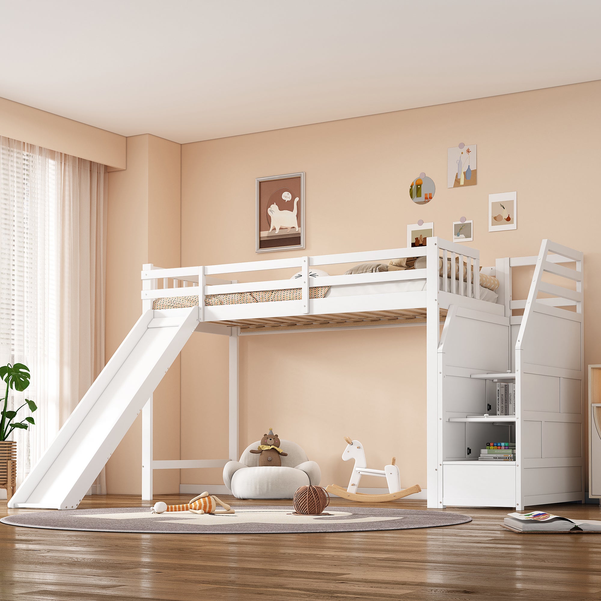 Litera Infantil 90x200 cm Blanco, Cama Alta Loft con Tobogán, Madera ...