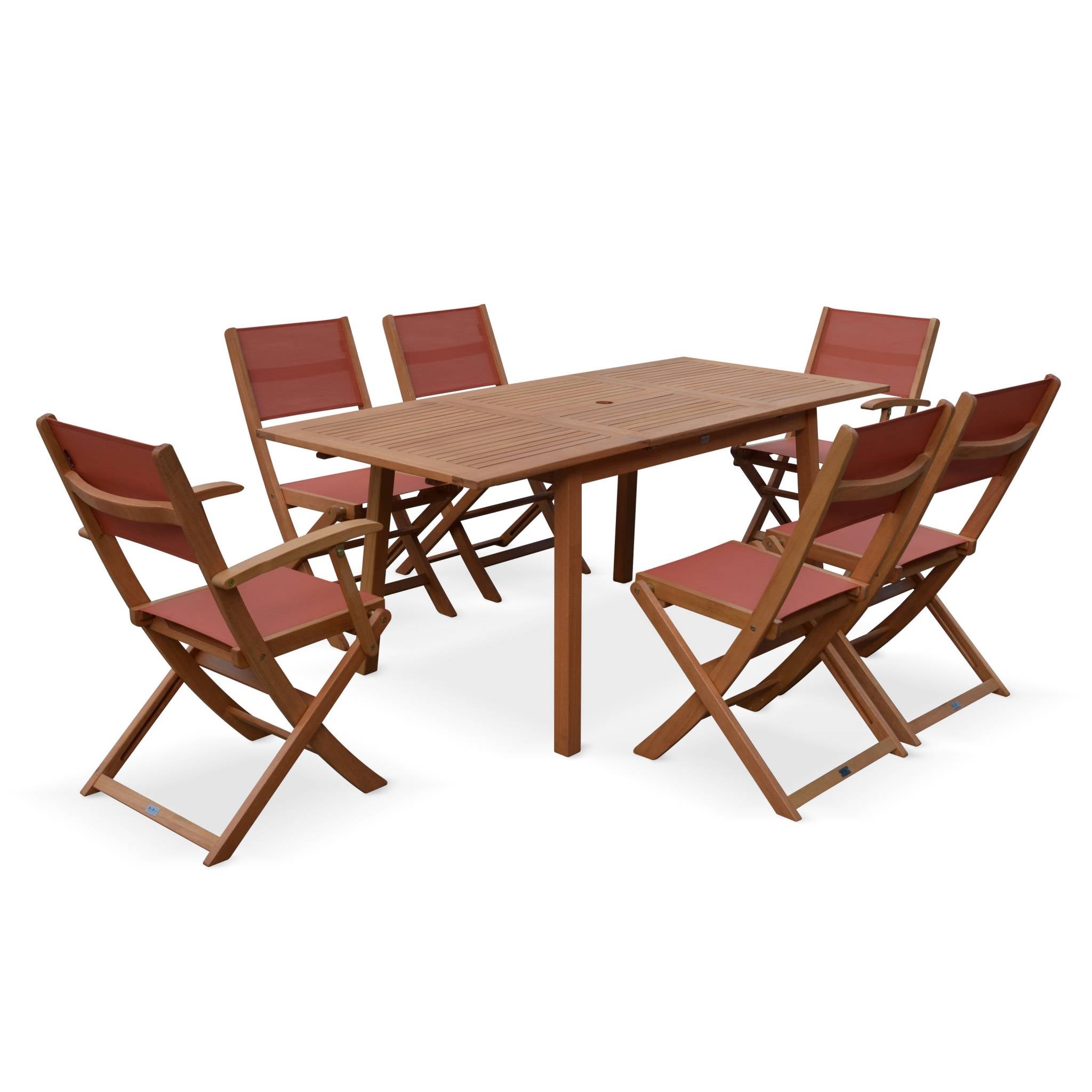 Salon de jardin en bois extensible - Almeria - Table 120/180cm avec rallonge. 2 fauteuils et 4 ...