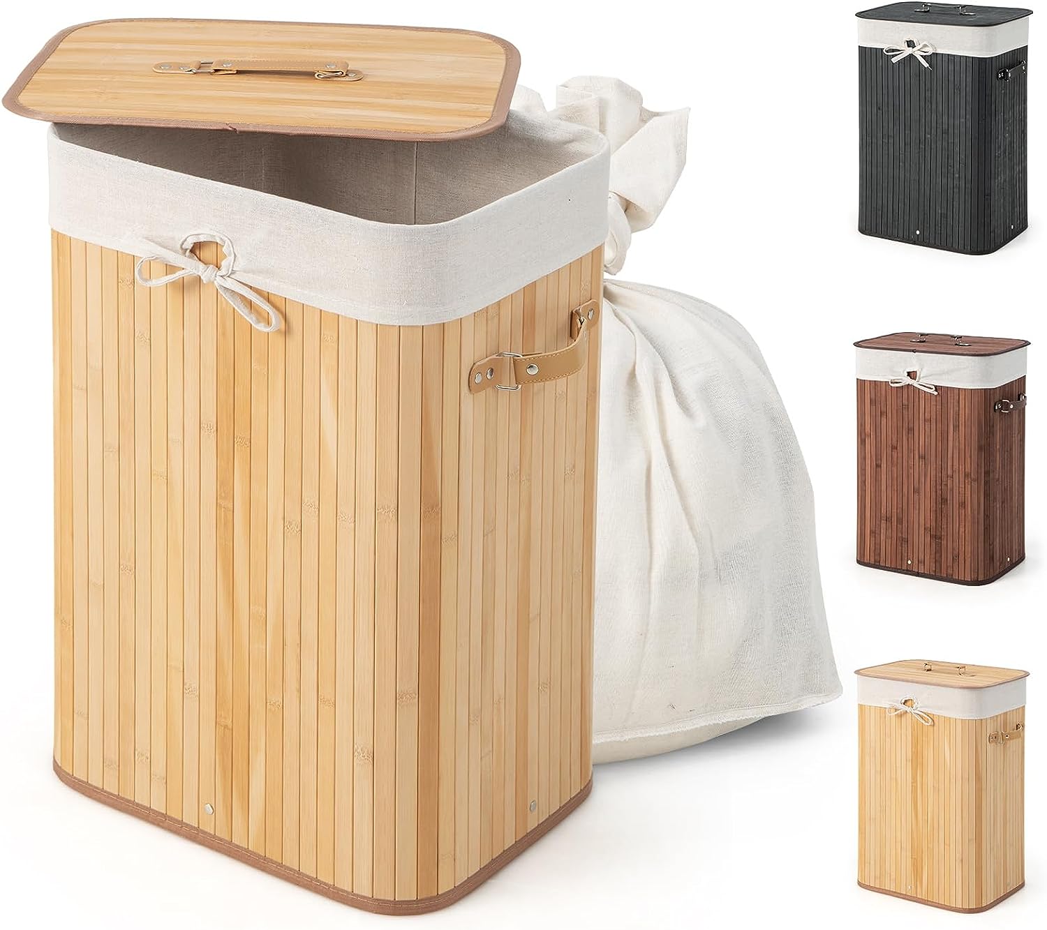 Panier à Linge 72L, Corbeille à Linge en Bambou avec Couvercle et 3 ...