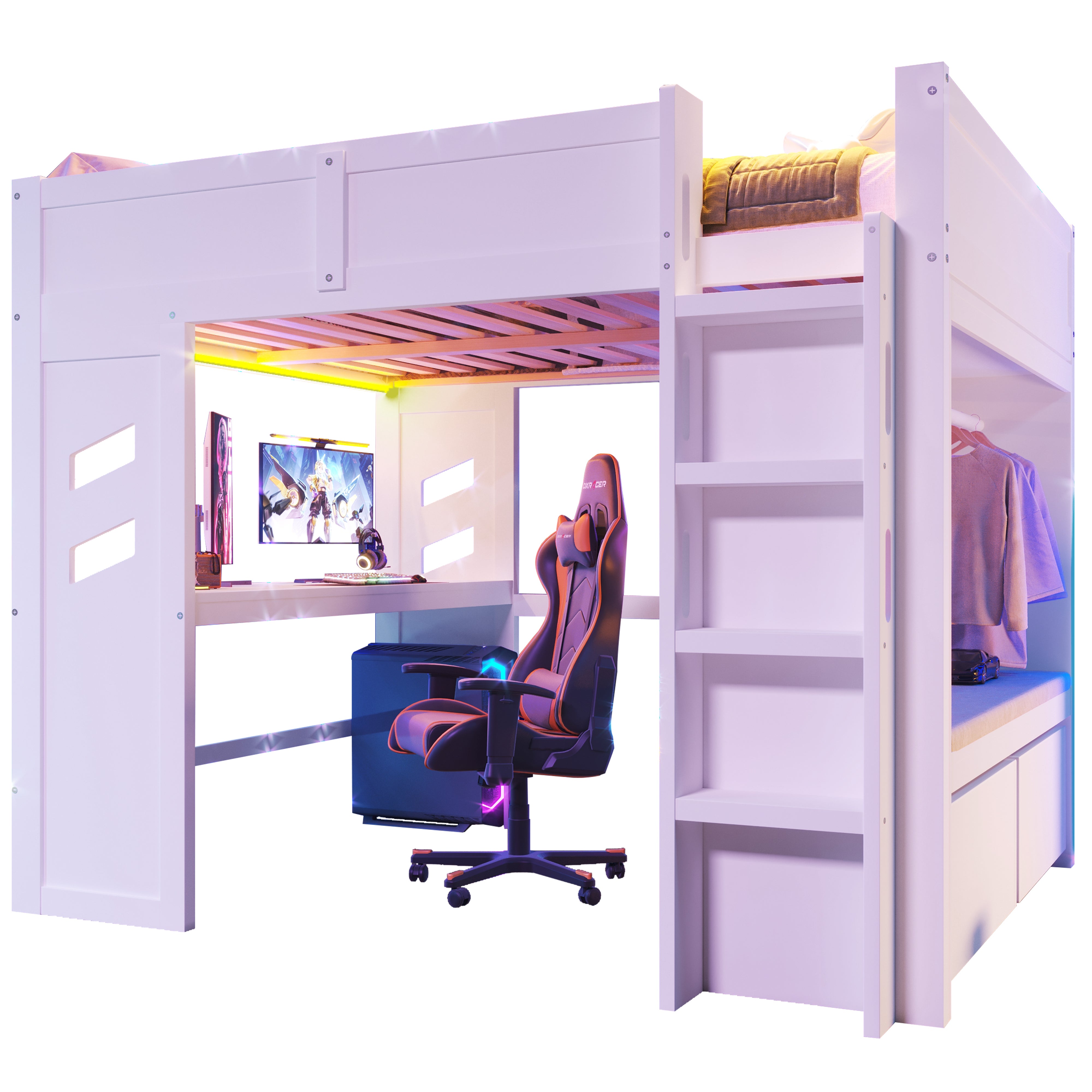 Lit mezzanine 140 x 200 cm, lit gaming avec bureau, éclairage LED, 1 ...