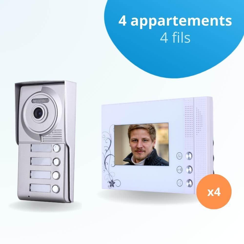 Portier interphone vidéo classic 4 fils - 4 appartements - 4 écrans ...