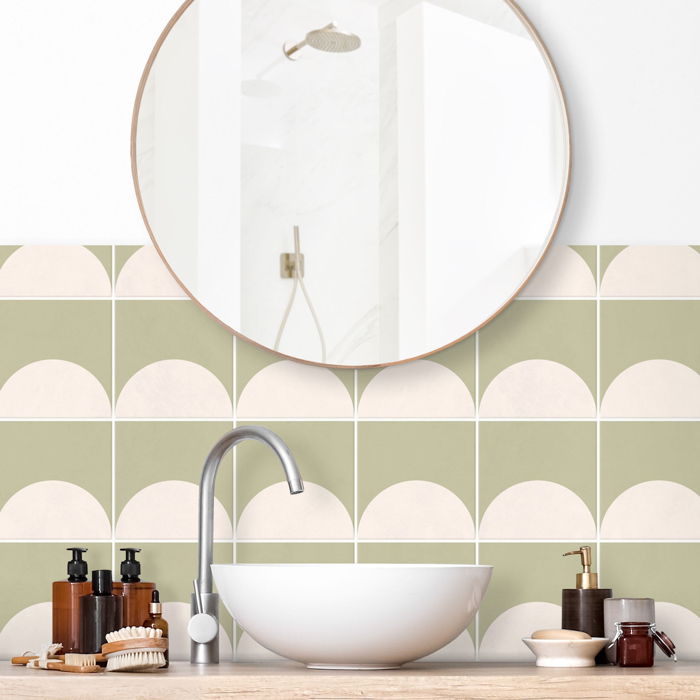 Revestimiento de pared para baño - Tiles with Half Circles Green 100 x ...