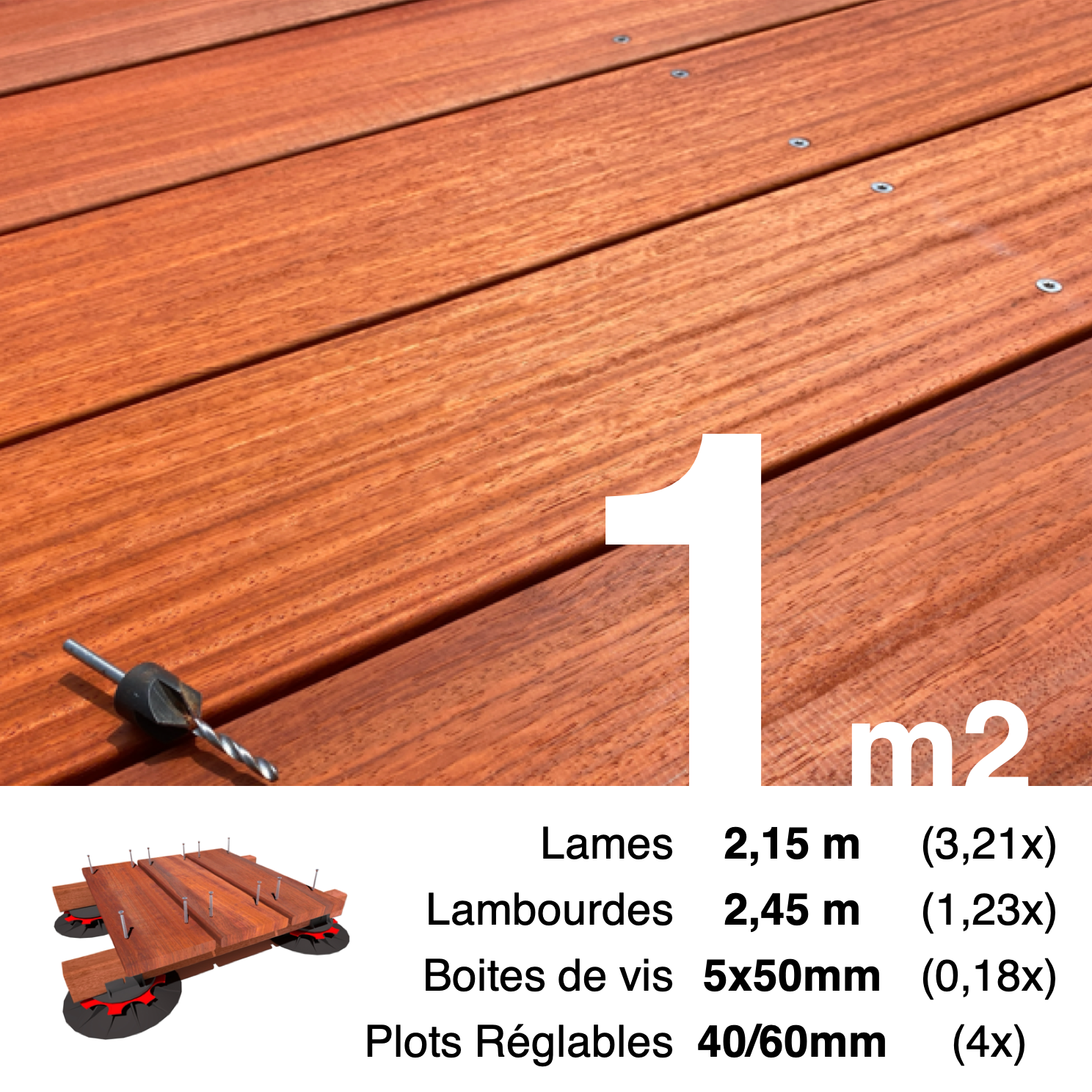 Kit complet terrasse bois exotique PADOUK pour 1 m² • Lames 2,15 m ...