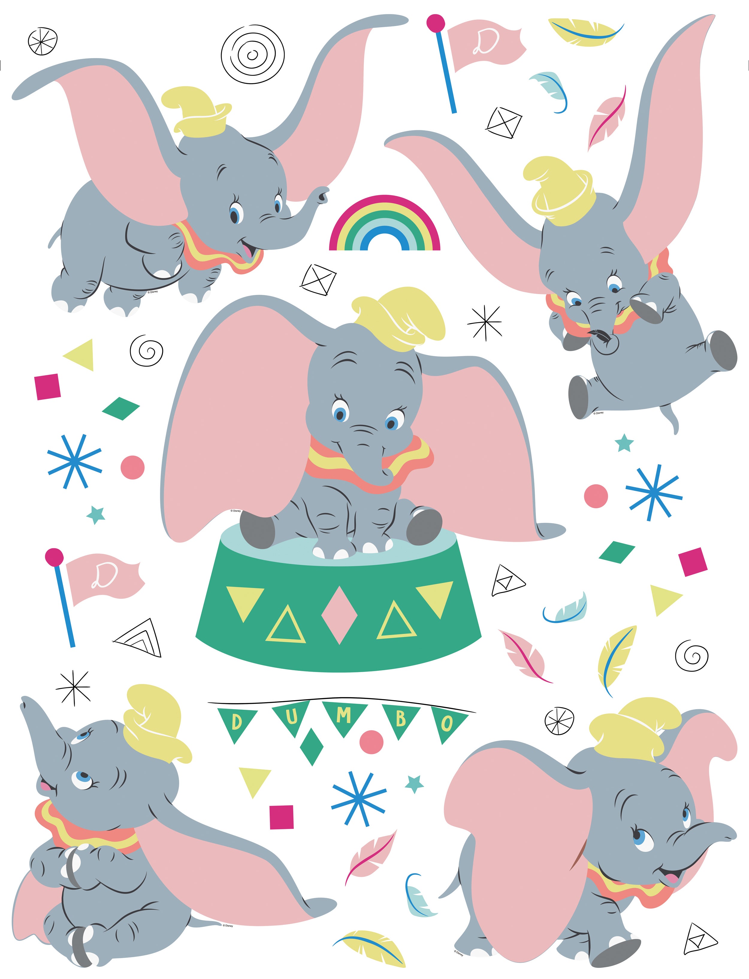Sticker mural Dumbo gris, rose clair et vert - 85 x 65 cm - Disney ...